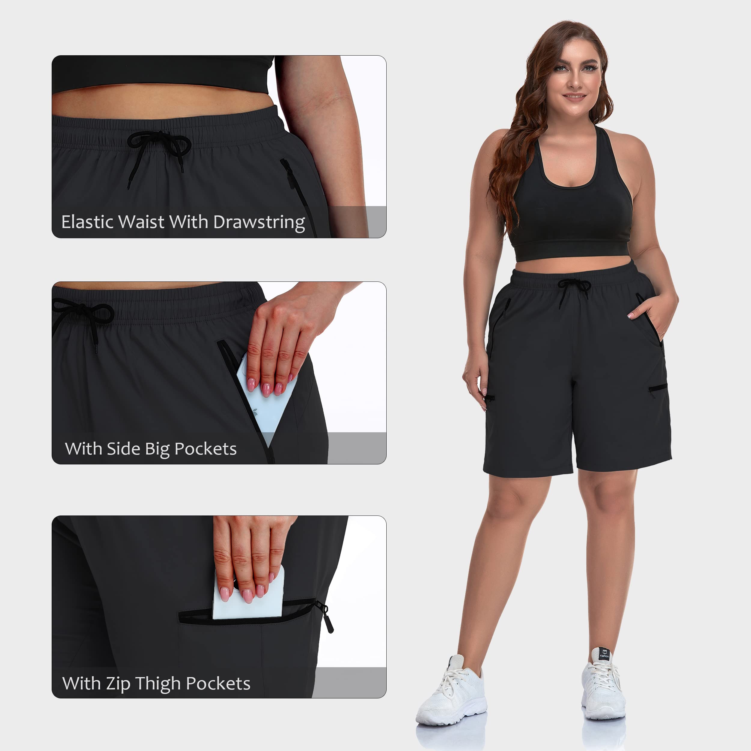 SEKINO Women's Plus Size Hiking Cargo Shorts Lightweight Quick Dry Summer Shorts Athletic Outdoor Shorts Zippered Pockets Black 2X