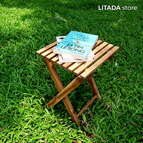 LITADA Small Patio Table (Set of 1) Acacia Wooden Small Table, Side Table, Coffee End Table, Small Square Folding Side Table, Plant Stand Mid Century Easy Assembly Modern Home Decor (Natural Color)