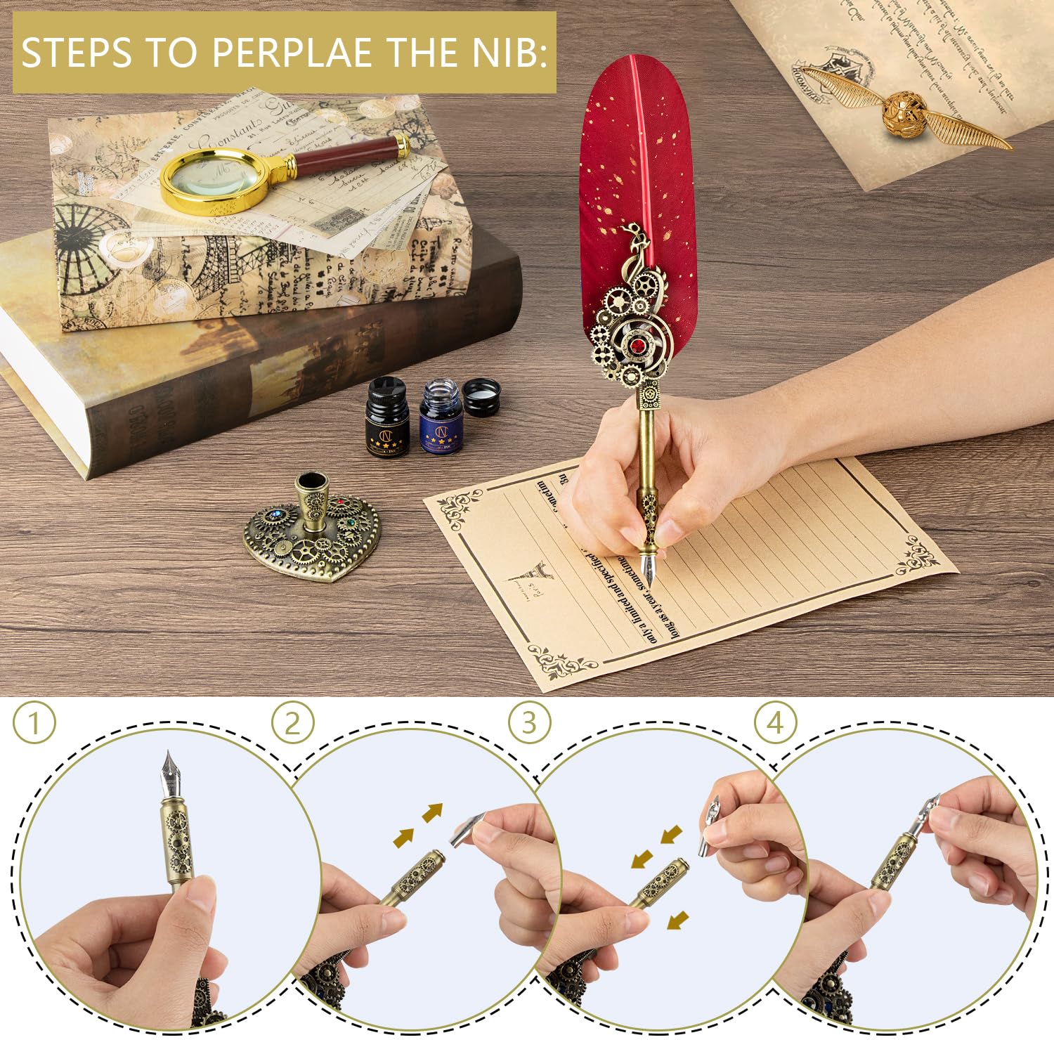 NC Quill Pen and Ink Set, Includes Quill Pen and 6 Bottles Color Ink, 5 Replaceable Nibs, Pen Holder, Christmas gifts,Valentine’s Day Gift,Birthday Gift, Calligraphy Set Holiday Ideal Gift.(Red)