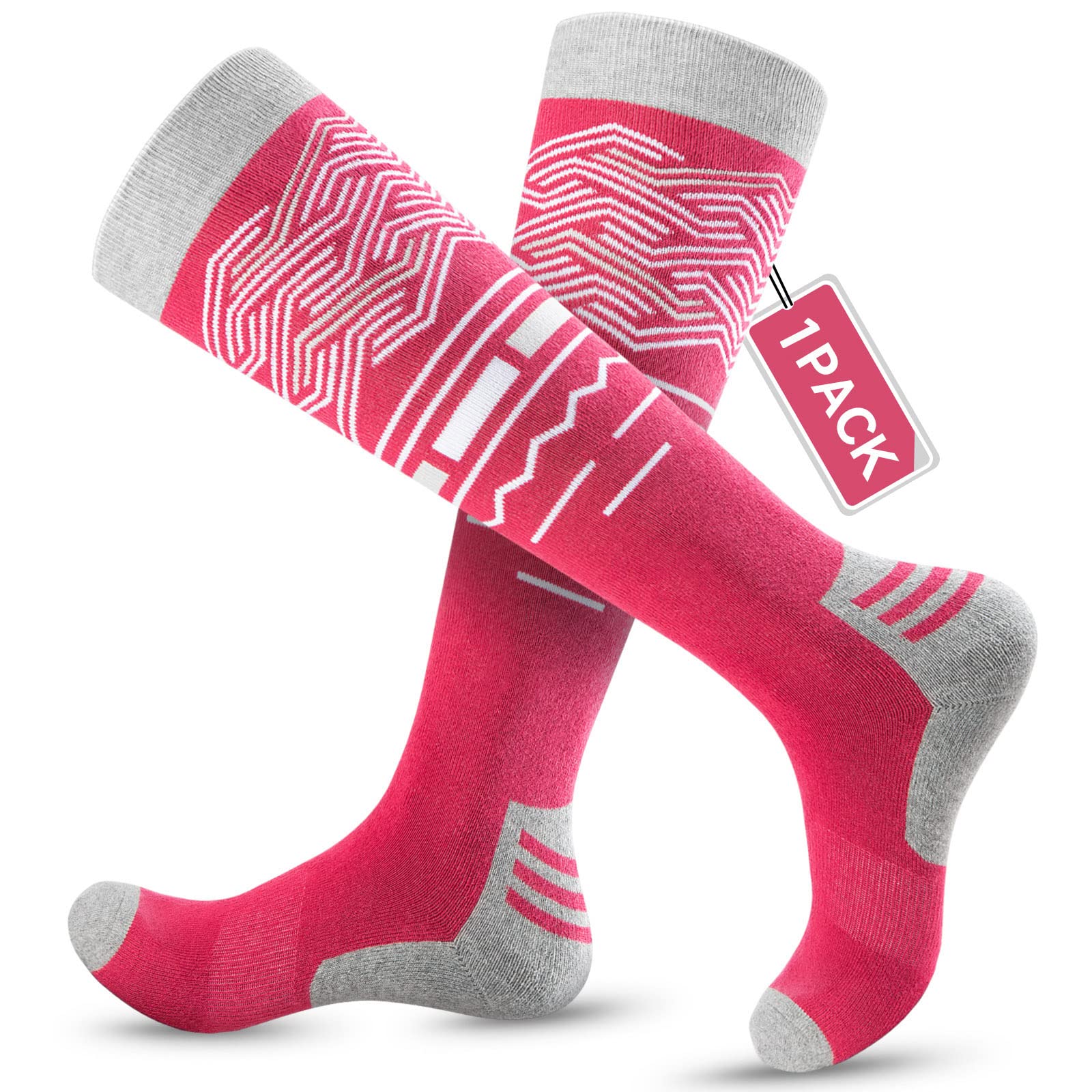 Ski Socks Mens Womens 1 Pack Thick OTC Breathable Non-Slip Cuff Skiing Socks for Cold Weather Winter Socks(Red,L)