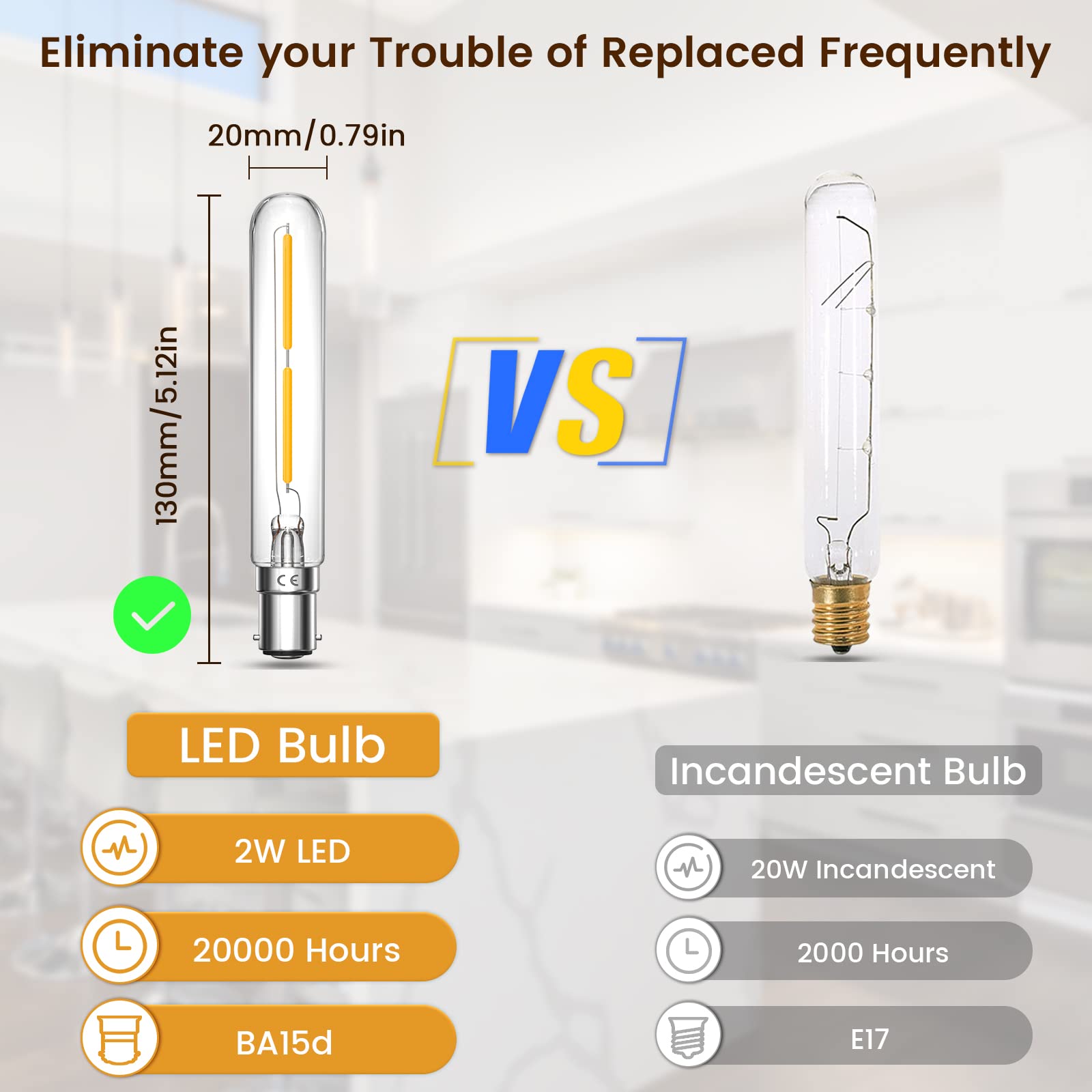 Luxvista 2W Dimmable LED T6.5 Tubular Filament Bulb - BA15D Double Contact Bayonet Base Appliance LED Lights 20W Equivalent for Exit Sign Light Chandeliers 120V Warm White 2700K (3-Pack)