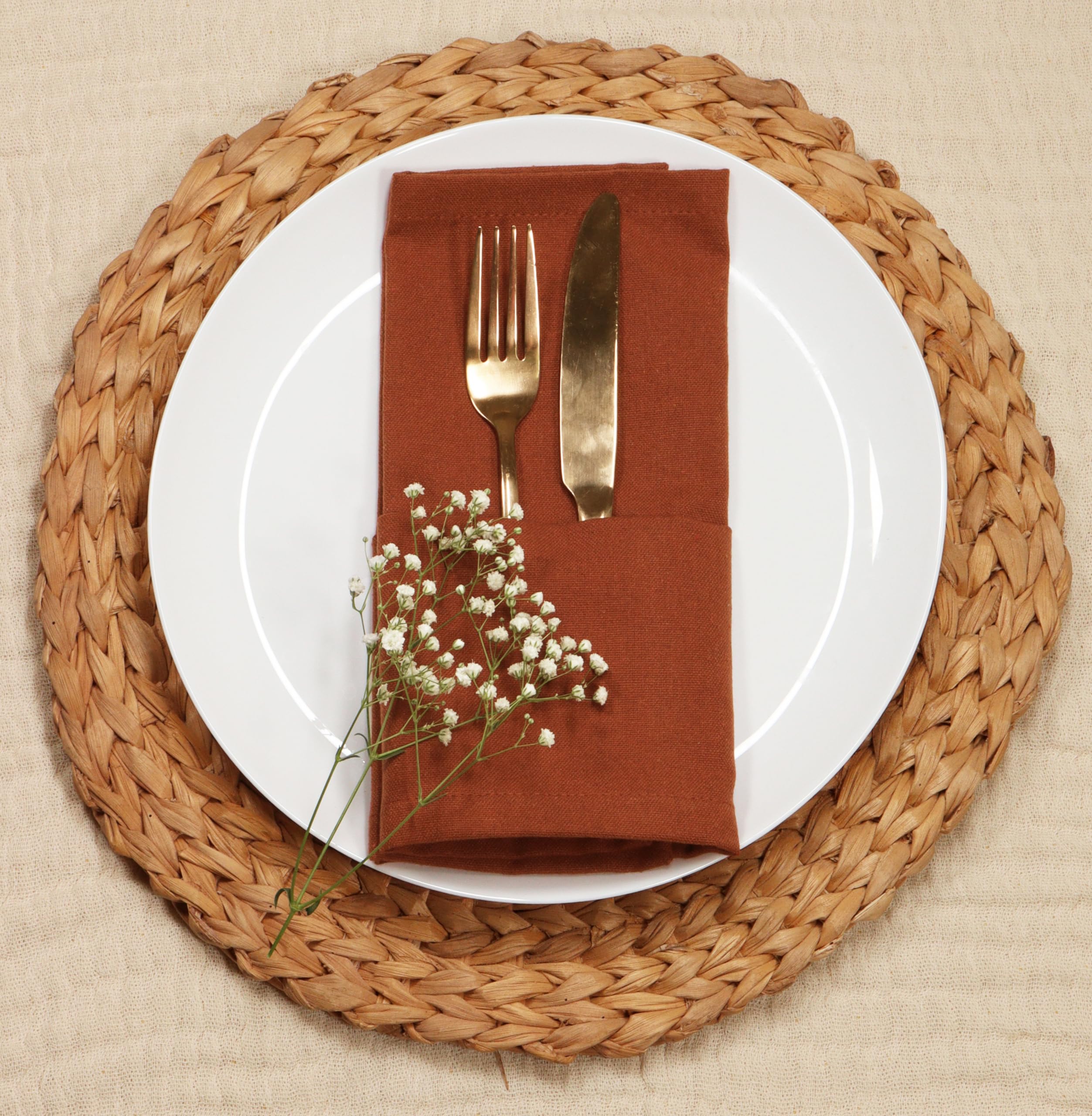 PurpleEssences Set of 12 Cloth Dinner Napkins 100% Cotton 18x18 - Soft Durable Washable - Ideal for Farmhouse Party Spring and Summer - Perfect Everyday Use Table Linen - Rust