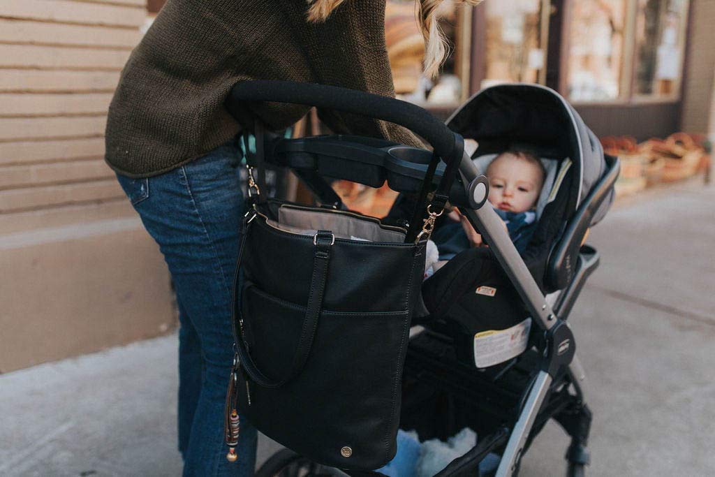 Little Unicorn Citywalk Tote – Diaper, Work, Travel Bag with Changing Pad - Premium Vegan Leather – 6 Interior Pockets – Wipes Clean Inside & Out (Black)