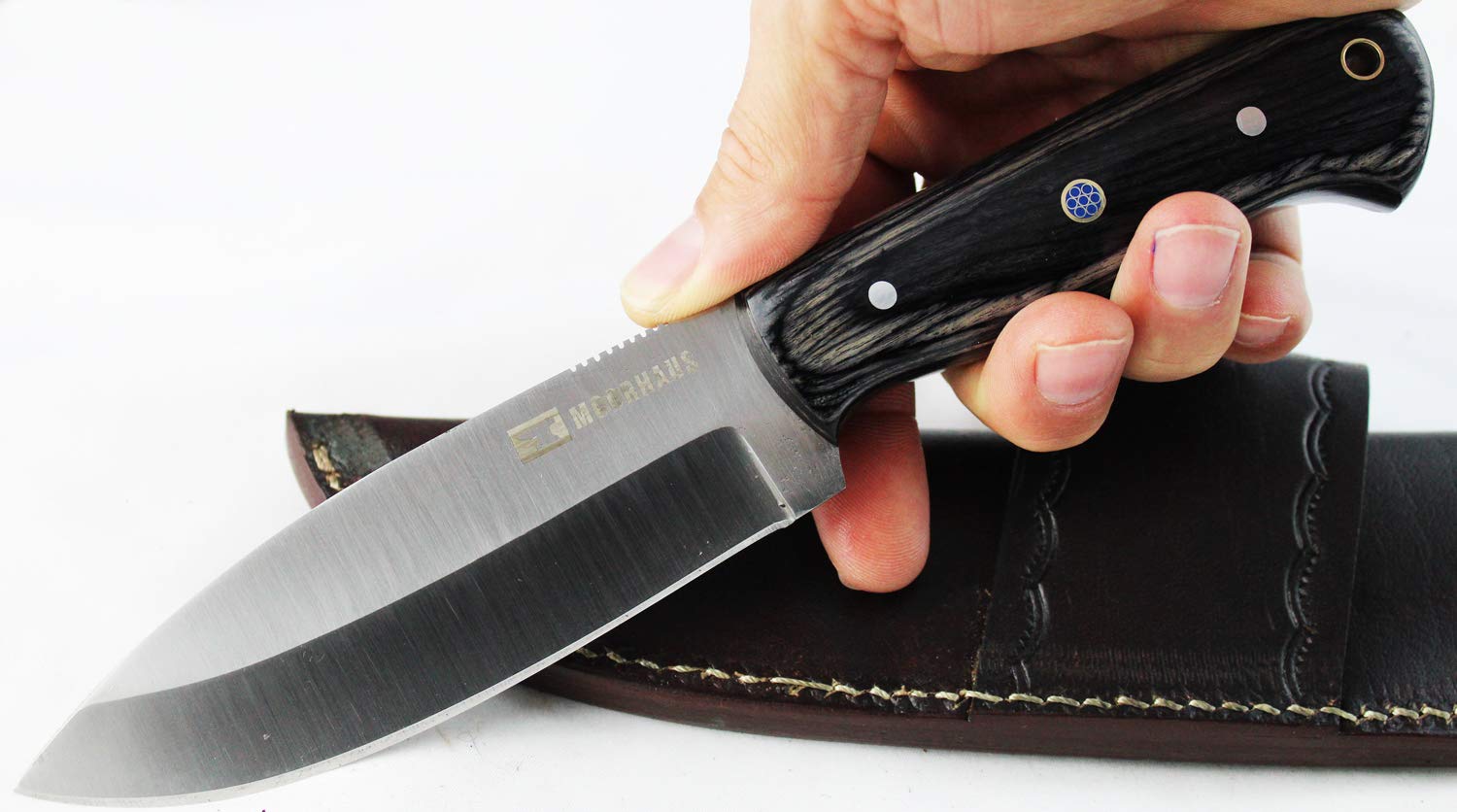 Moorhaus Full Tang Bushcraft Knife - Black & Blue Wood Handle - Handmade Good for Camping/Hunting/Skinning - Fixed Blade Knife Includes Leather Sheath
