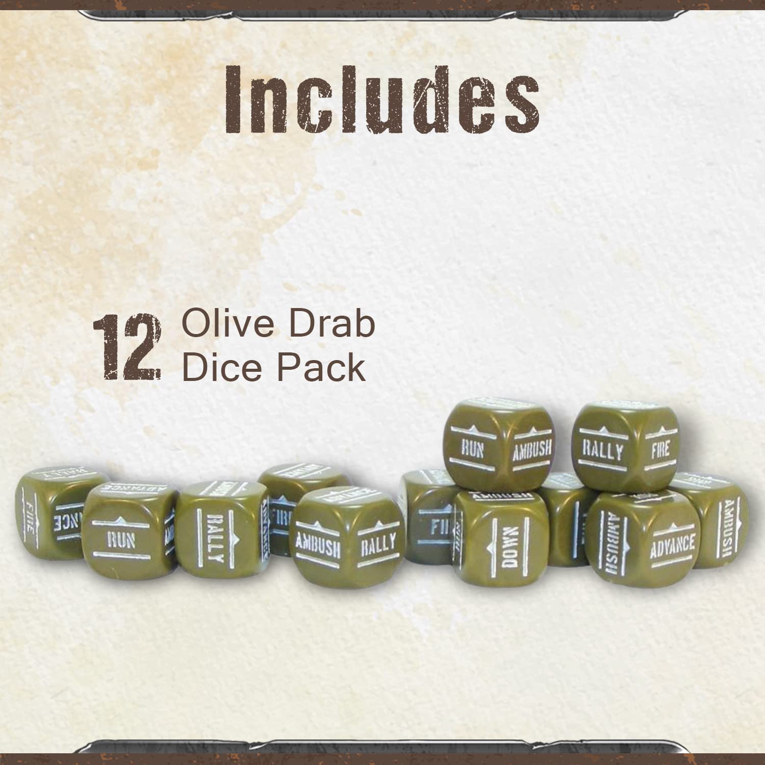 Wargames Delivered β Bolt Action Dice Orders D6 pack of 12 with Olive Drab Color and Actions Inscribed with White β Miniature Wargame Dice by Warlord Games (Olive Drab)