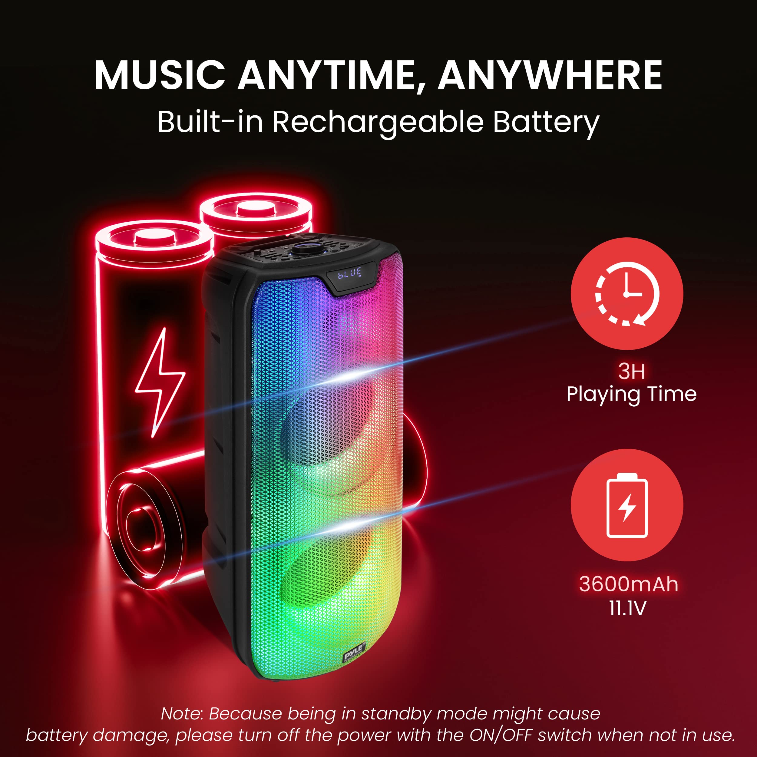 Pyle Bluetooth Portable PA Party Speaker - 600W Dual 8β Rechargeable Indoor/Outdoor BT Karaoke Audio System w/Guitar/Mic Input, TWS, X-Bass Function, Flashing Party Flame Lights, MP3/USB/AUX/FM
