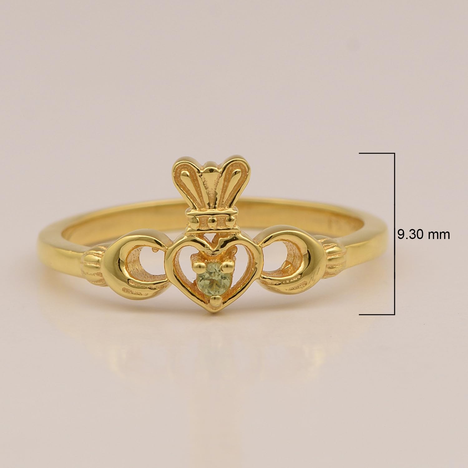 MOONEYE Multi Choice Your Gemstone Petite Claddagh 0.02 Ctw 925 Sterling Silver Yellow Gold Plated Crown Ring (7, peridot)