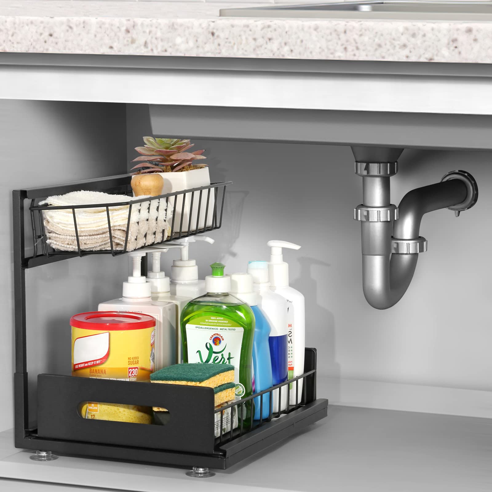 MEILEYII Under Sink Organizer, Pull Out Cabinet Organizer 2 Tier Slide Out Sink Shelf Cabinet Storage Shelves, Under Sink Storage for Kitchen Bathroom Cabinet，Adjustable Sink Storage Organizer