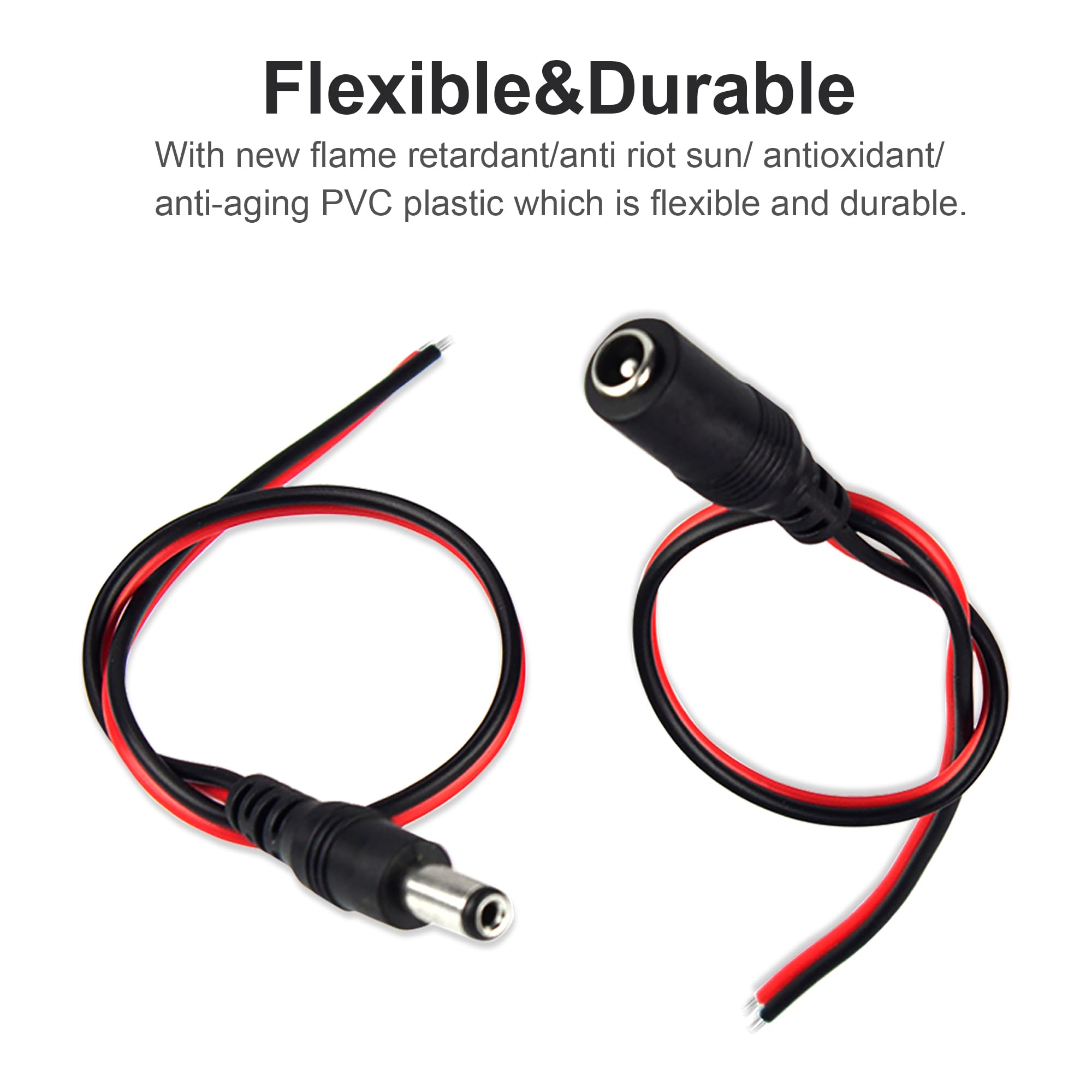 UltraPoE DC Power Cable Connectors 18AWG Copper Strands 12V 5A Plugs Male Female DC Connectors, for CCTV Security Camera Pigtail and Lighting Power Adapter (2.1mm x 5.5mm 10 Pairs Ultra Thick)
