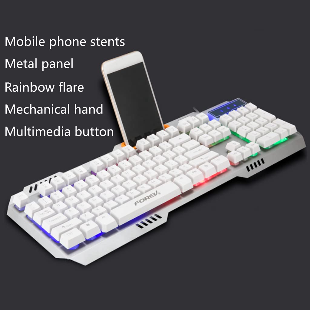 unband USB Wired Mechanical Gaming Keyboard 104Keys RGB Backlit Keyboard with Hand Rest Phone Hoder for PC Gamers (Color : White)