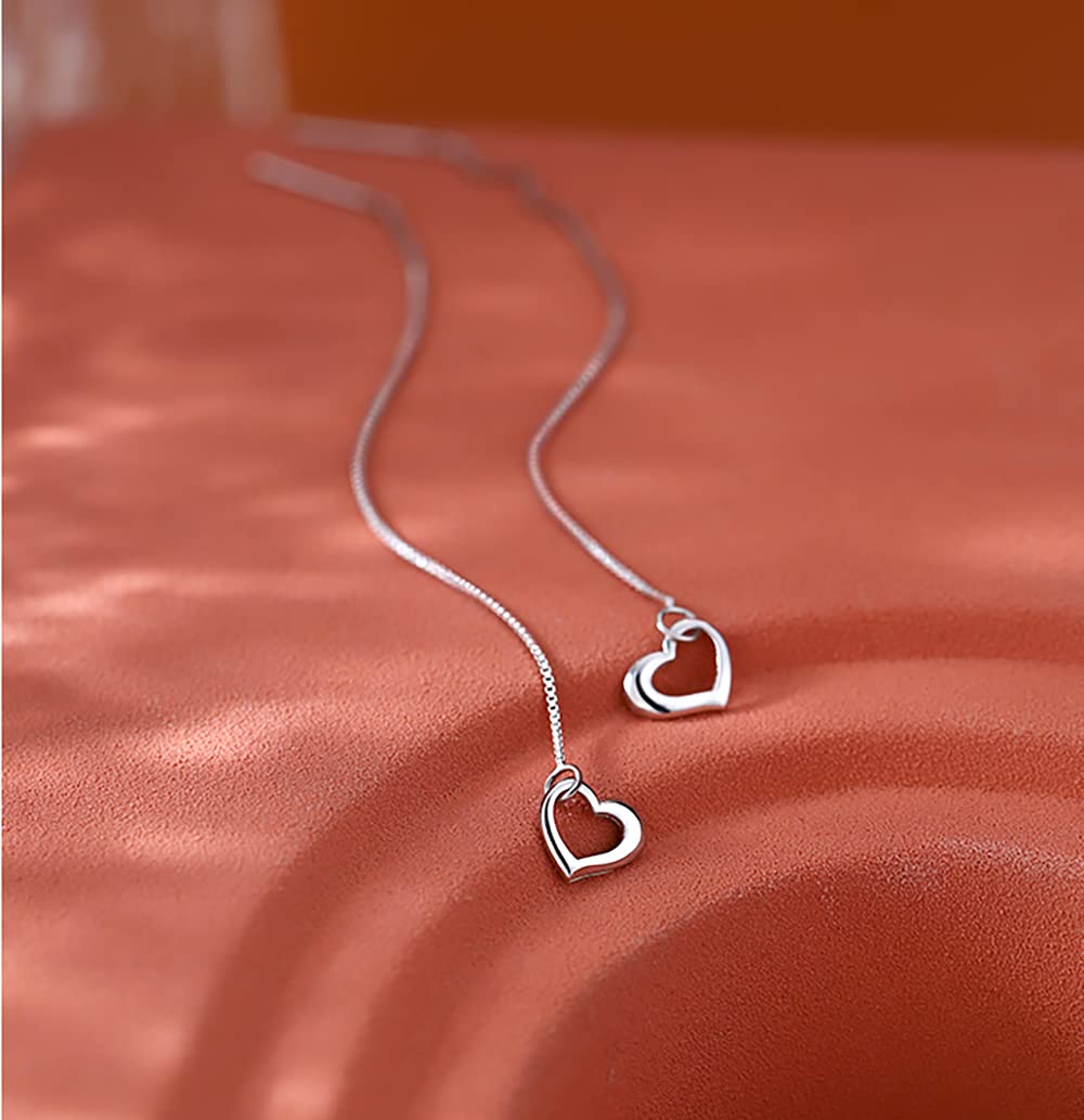 Reffeer Solid 925 Sterling Silver Love Heart Chain Dangle Earrings Tassel for Women Heart Dangle Earrings Threader Drops (A-Silver)