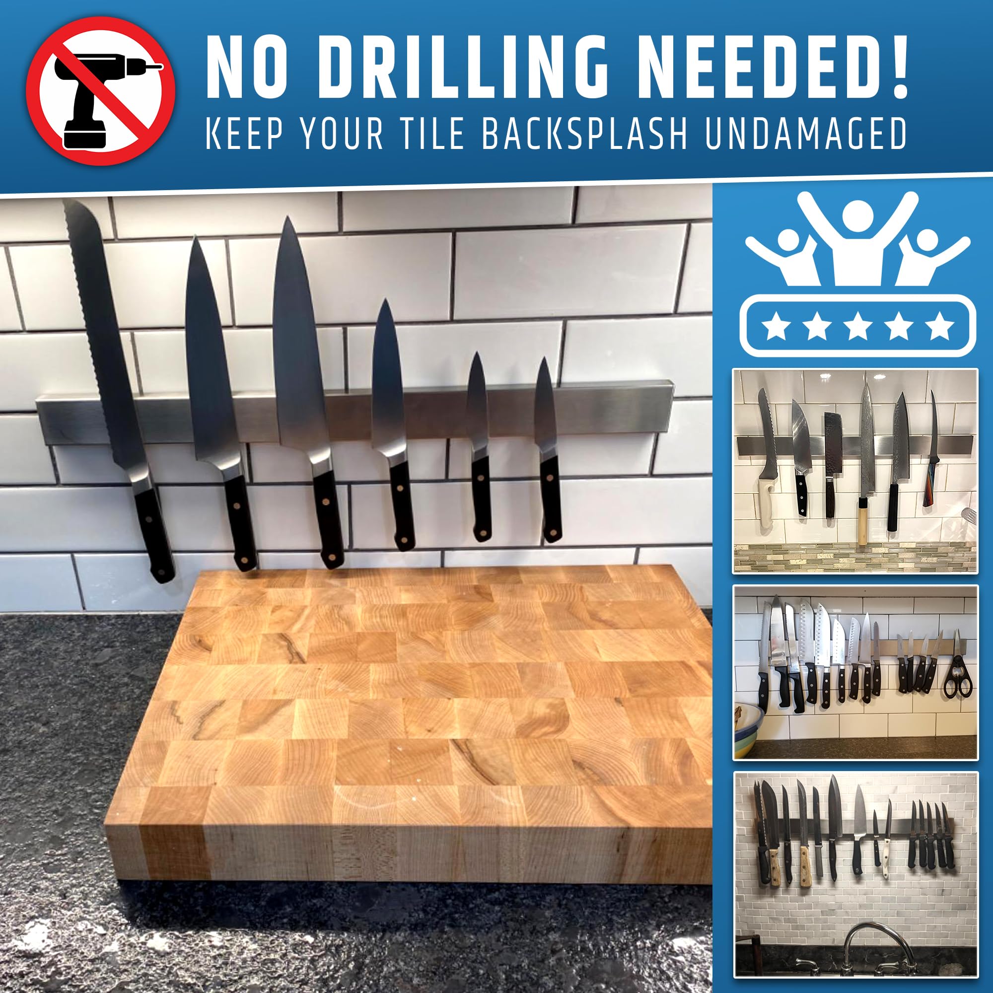 Strong Adhesive (No Drill) Magnetic Knife Holder for Wall - Professional 24 Inch Knife Strip - No Screws Needed - Adhesive Backing - Stainless Steel Knife Bar (Upgraded Version β Will Not Fall)