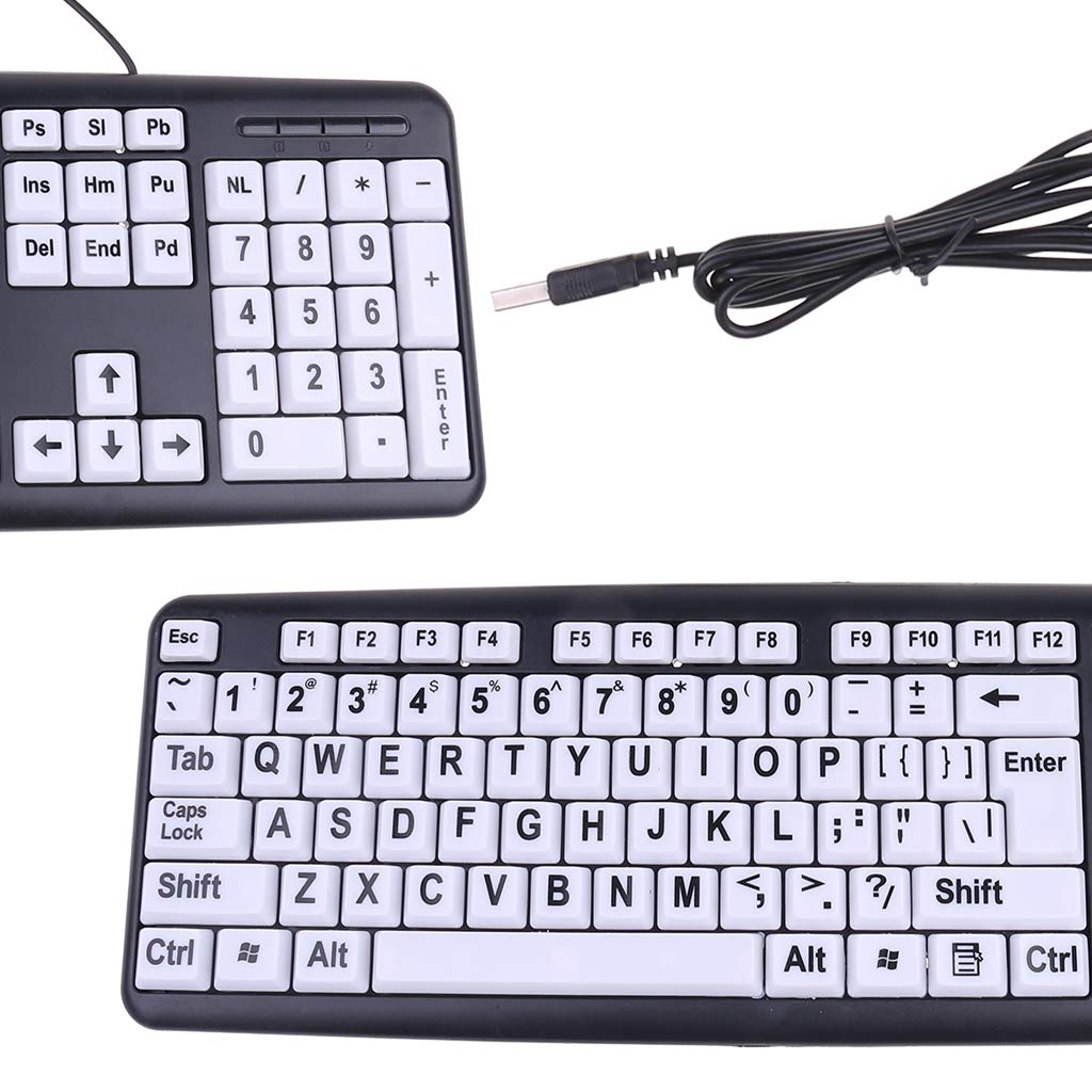 unband User USB Wired PC Computer Game Gaming Keyboard High Contrast Large Print White Keys Black Letter for Old People Elderly Men