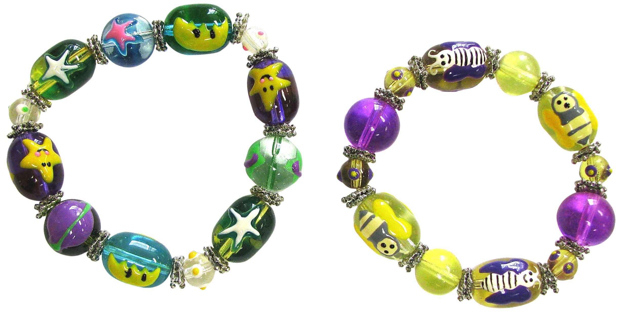 Linpeng GBP-062/070 2-Piece Fiona Hand Painted Moon Star Planet and Bees Glass Beads Stretch Bracelets