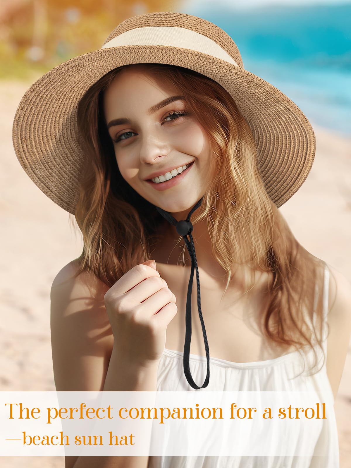 Senker Fashion Sun Hats for Women Wide Brim Beach Hat Foldable Packable Straw Hat UV UPF 50+ Travel Summer Hat Khaki