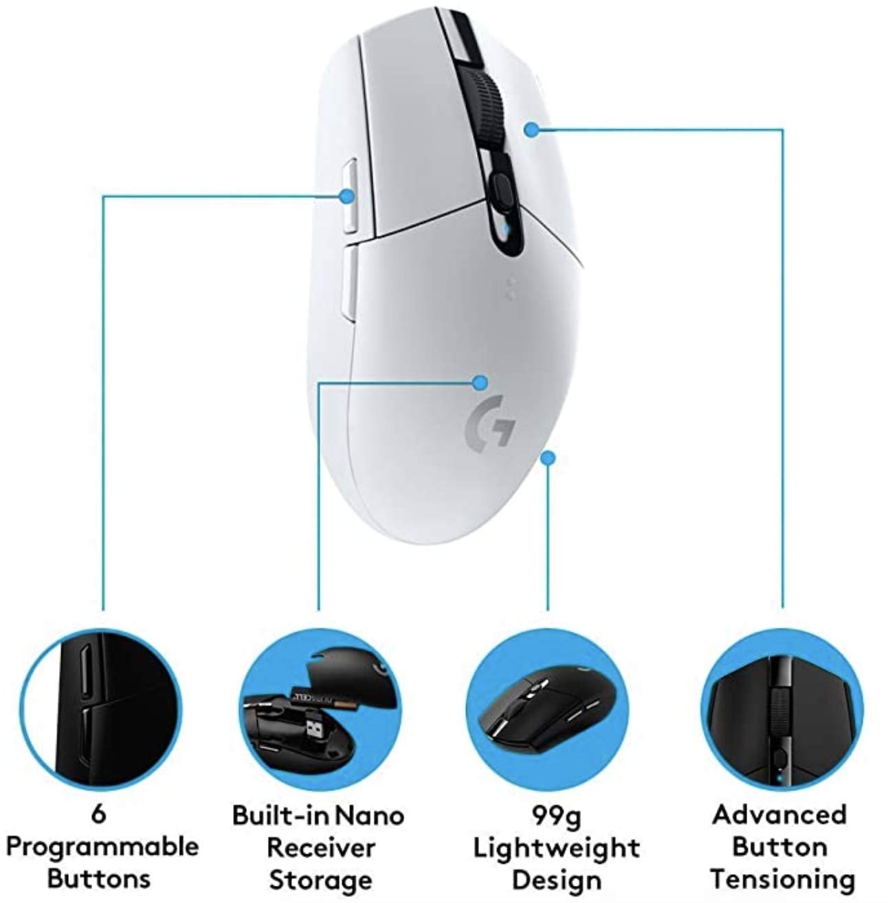 Logitech G305 Lightspeed Wireless Gaming Mouse, HERO Sensor, 12,000 DPI, Lightweight, 6 Programmable Buttons, 250h Battery Life, On-Board Memory, Compatible with PC/Mac - White (Renewed)