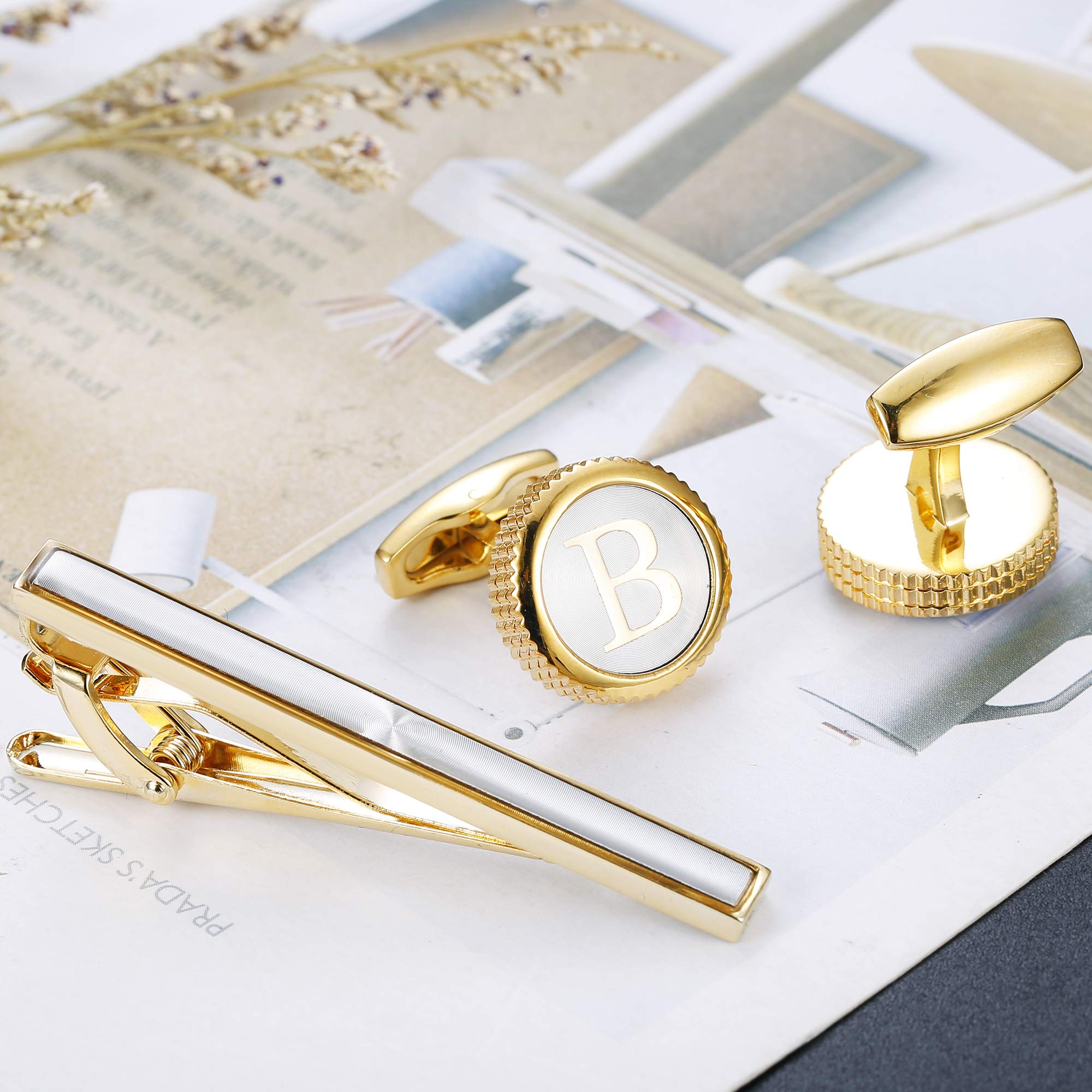 LOLIAS Mens Cufflinks Tie Bar Clip Set Alphabet Letter Cufflinks Formal Business Wedding Shirts Gift Box,B