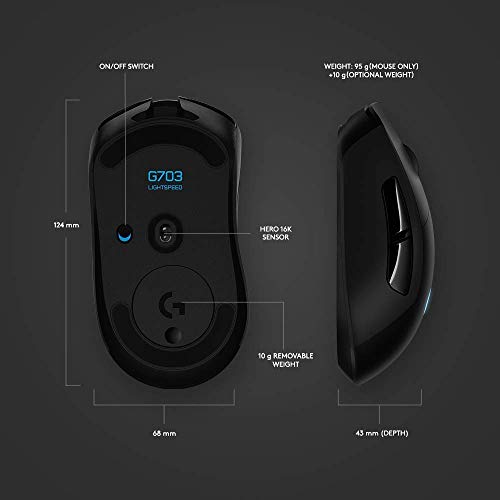 Logitech G703 Hero w/16K Sensor Lightspeed Wireless Gaming Mouse - Black (Renewed)
