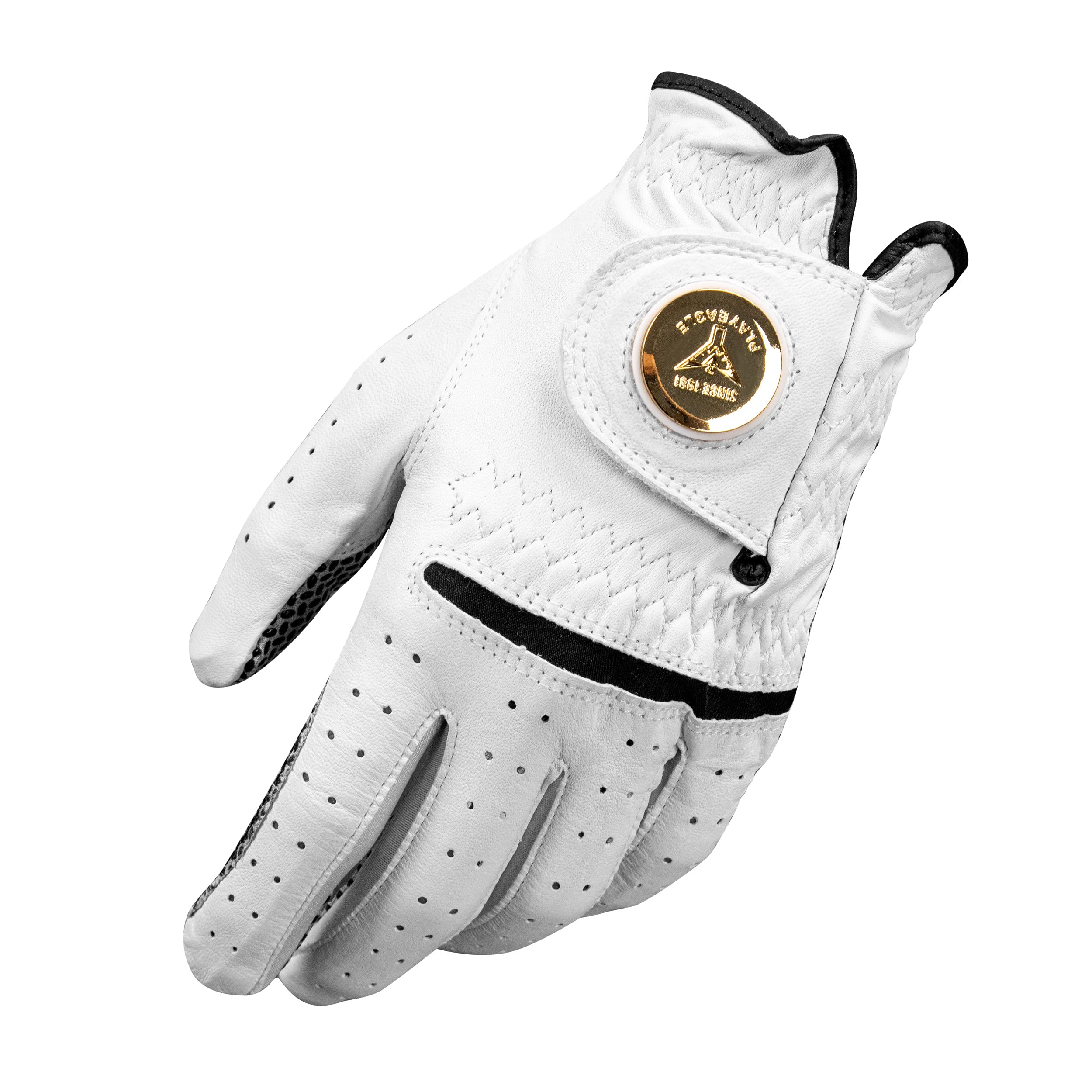PLAYEAGLE Golf Glove Men Left Hand Stable Grip Golf Gloves Patented Natural Fit Technology Made of Long Lasting Durable Genuine Cabretta Leather (Golden Logo, X-Large)