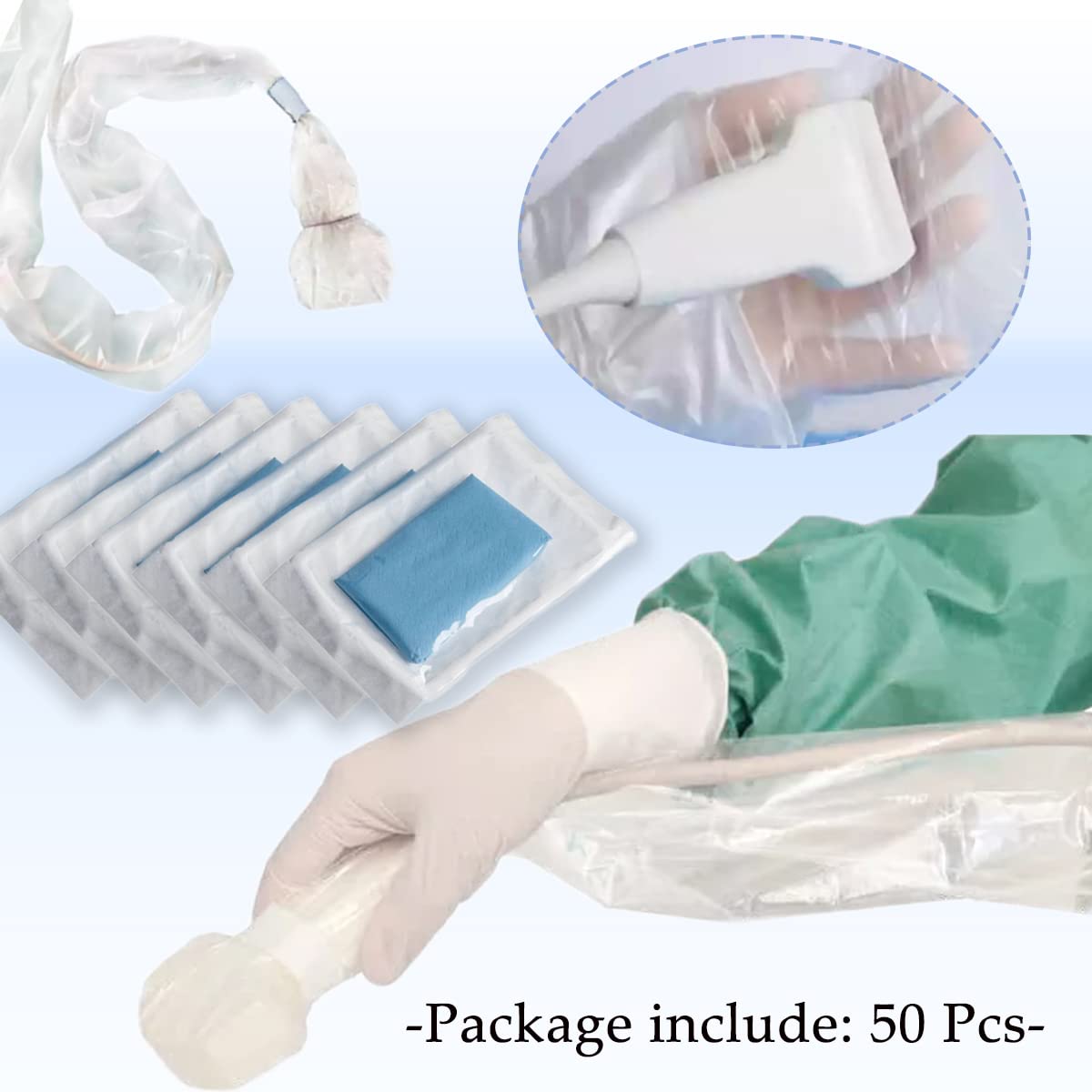 Ultrasound Probe Cover with Easy Pull Over Transducer Disposable Clear Latex-Free Sterile Protector, Packaging Individual, 50 Pcs, 5" x 48"