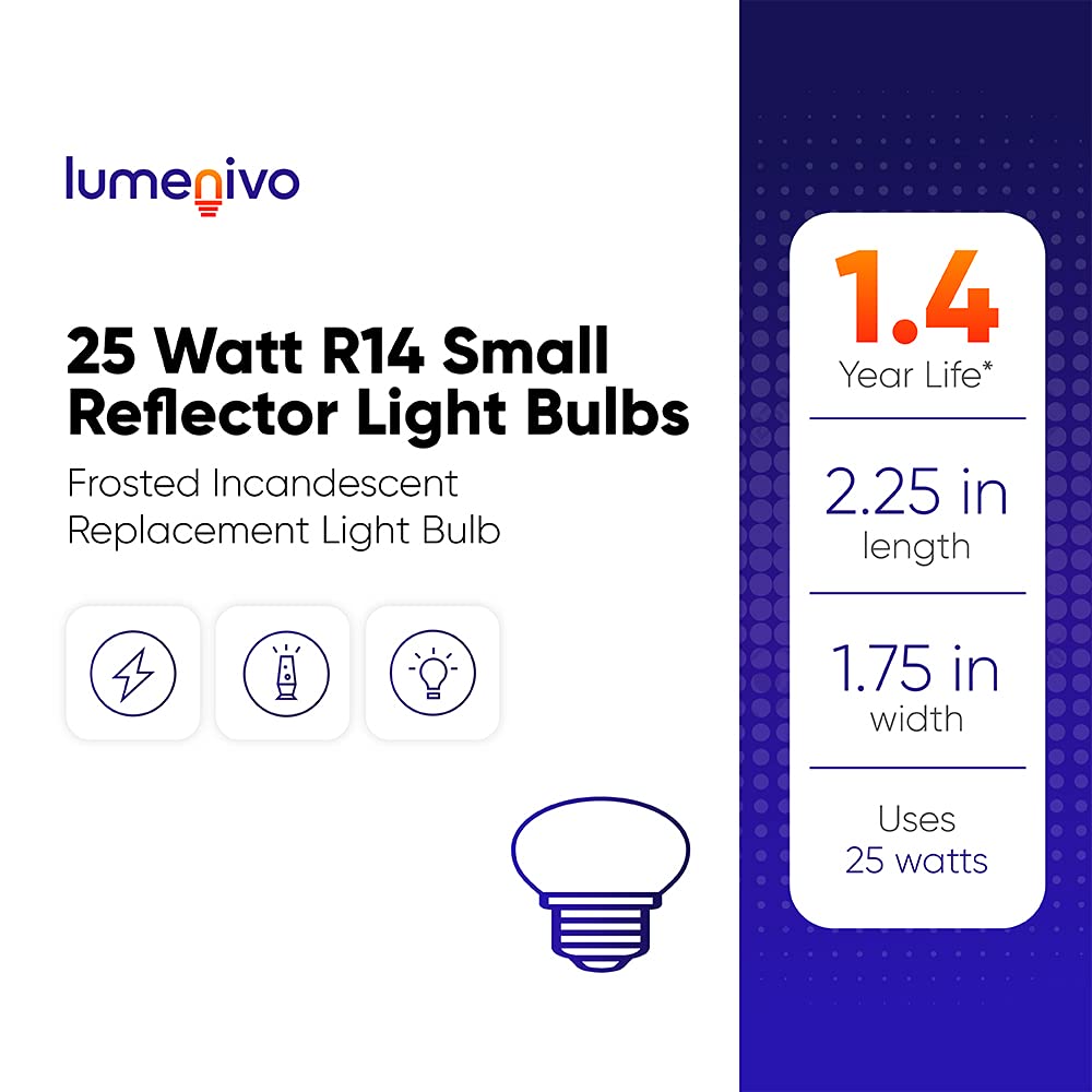lumenivo 25 Watt R14 Small Reflector Light Bulbs - 120/130 Volt E26 Short Neck Base Replacement Frosted Incandescent Lava Lamp Flood Light Bulbs - 2500K China Cabinet Light Bulbs - 2 Pack