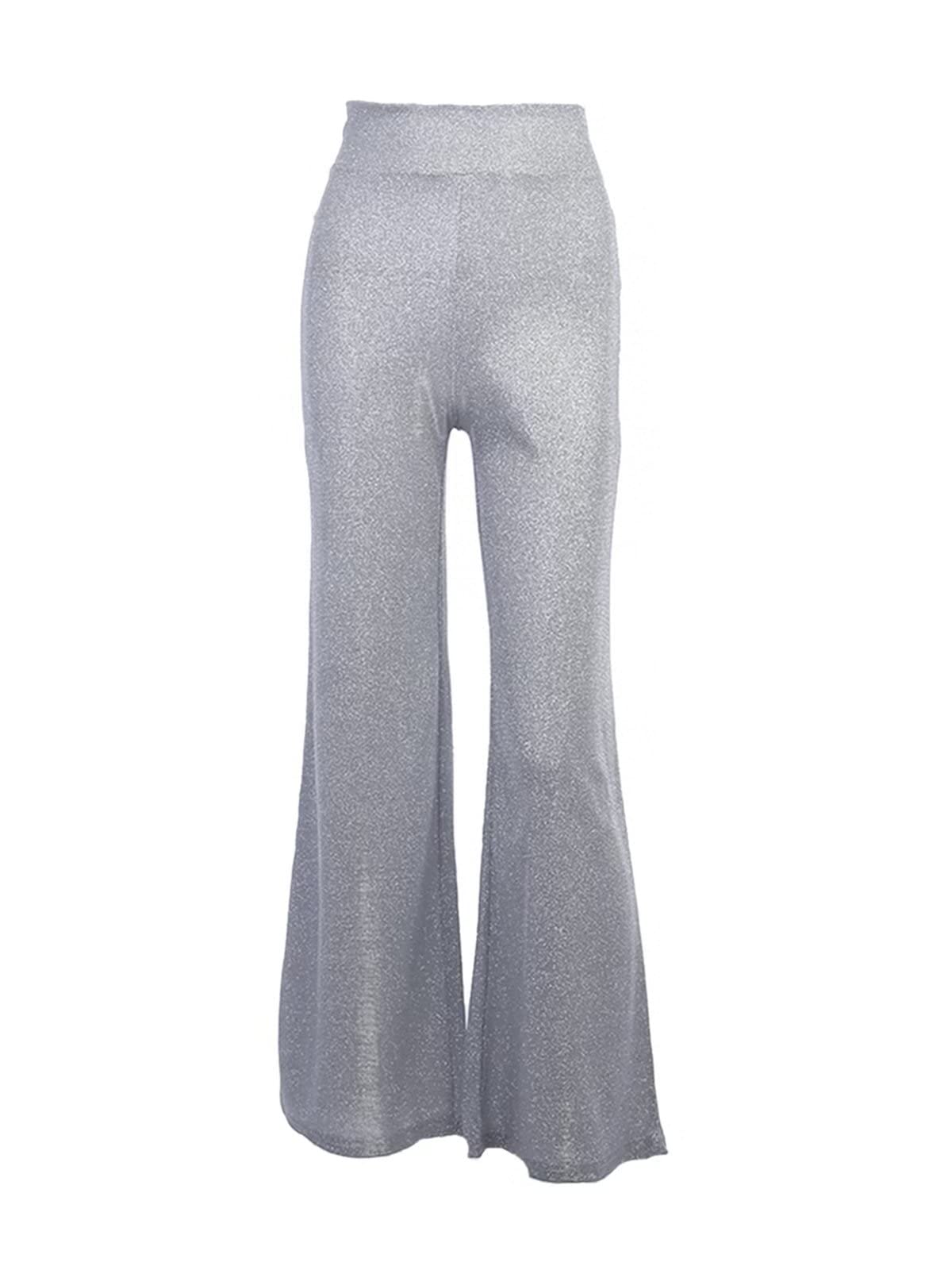 qfmqkpi Women's Sparkly Elastic High Waist Silver Flared Bell Bottom Solid Metallic Palazzo Yoga Pants Disco White L