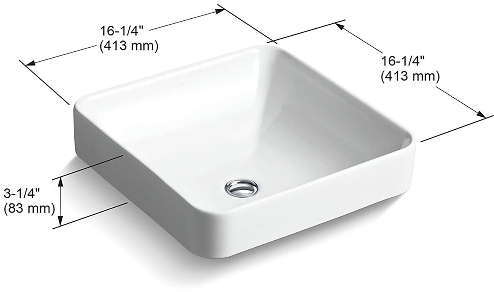 KOHLER 2661-0 Vox Vessel Bathroom Sink, vitreous China, 16-1/4" W x 16-1/4" L, White