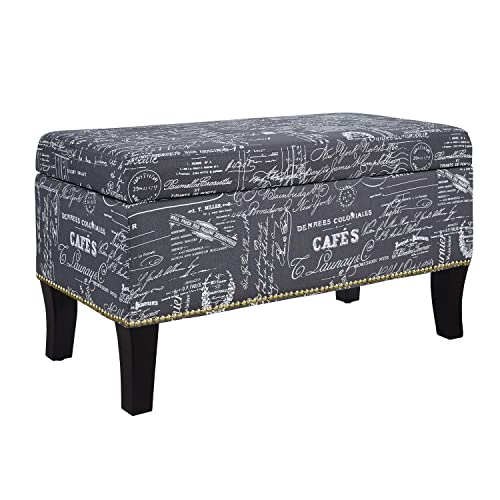 Linon Stephanie Script Linen Ottoman, 32"W x 16"D x 18"H, Gray/Black