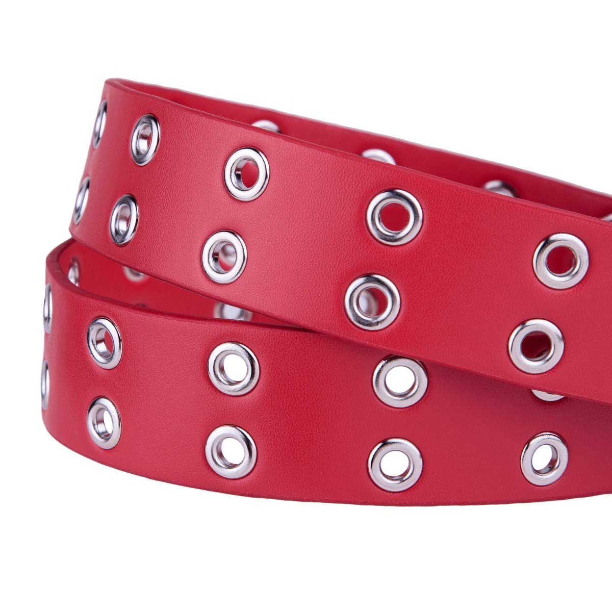 moonsix Leather belt for Man for Women, Hole Belt Double Grommet Twin Prong 1.5 inch width, Red