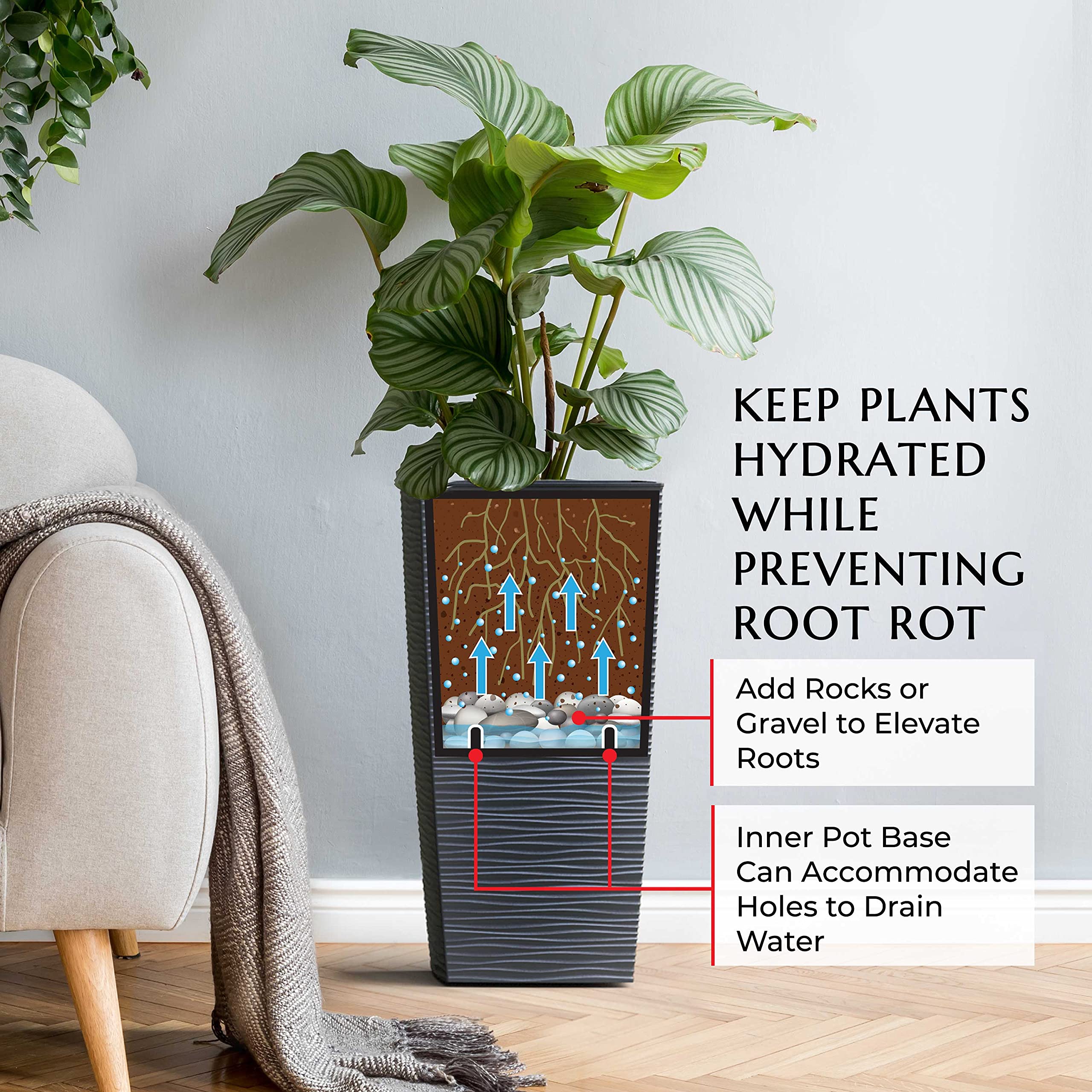 Mueller M-Resin Heavy Duty Tall Planter, Indoor/Outdoor Grande Plant, Tree, Flower Pot, 2-Piece Set, 27.5β, Modern Design, Built-in Drainage, Dark Grey