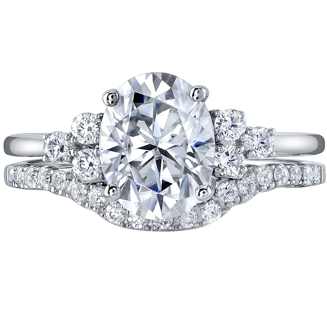 PEORA Moissanite Oval Cut Engagement Ring and Wedding Band Bridal Set in Sterling Silver, 2 Carat Center, DE Color, VVS Clarity, Size 9.5