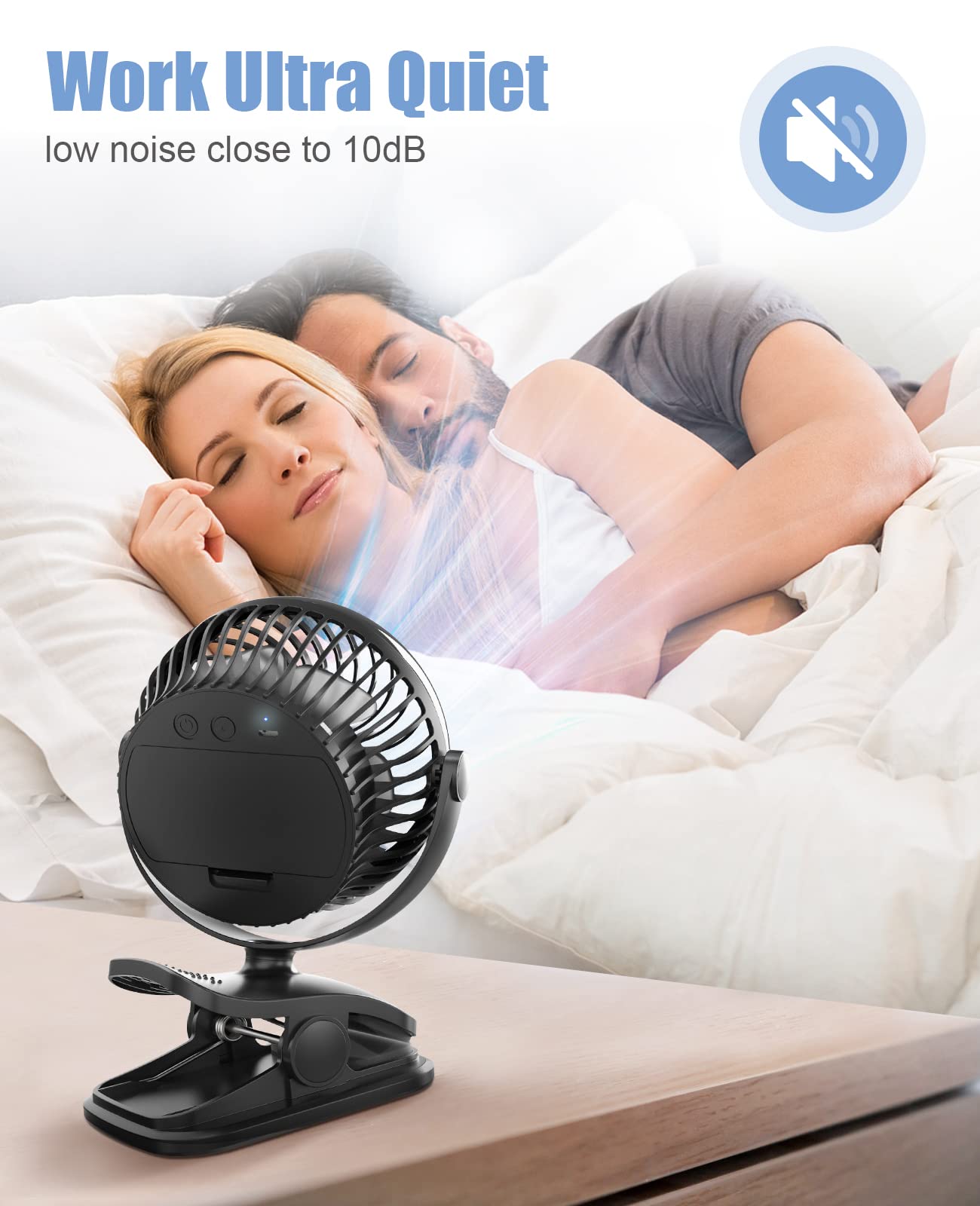 LEMOISTAR AA Battery Operated Clip on Fan, Stroller Fans, USB Powered Portable Desk Fan 4 Speeds Personal Golf Cart, Small Table Fan, Wireless, for Camping Hurricane Office Bed-Black