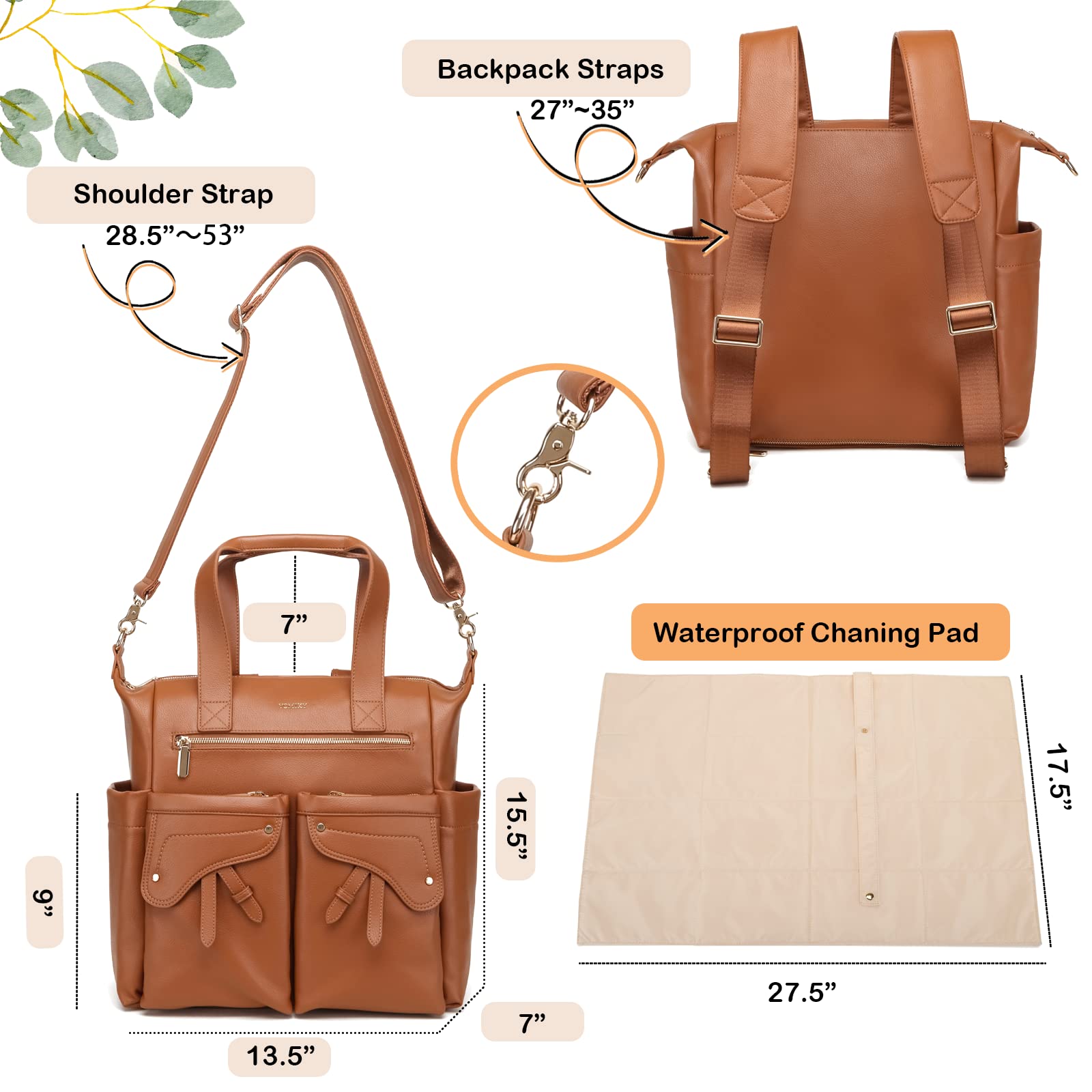 Yomiky Leather Diaper Bag Backpack, Diaper Bag Tote Travel Tote Bags with Large Capacity and Multiple Pockets