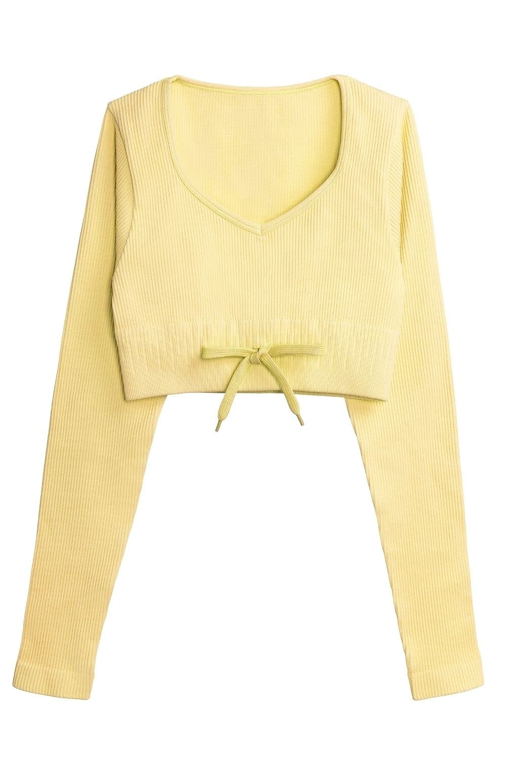 QINSEN Women's Slimming Fit Sports Workout Shirt Long Sleeve Crop Top with Drawstring M Yellow