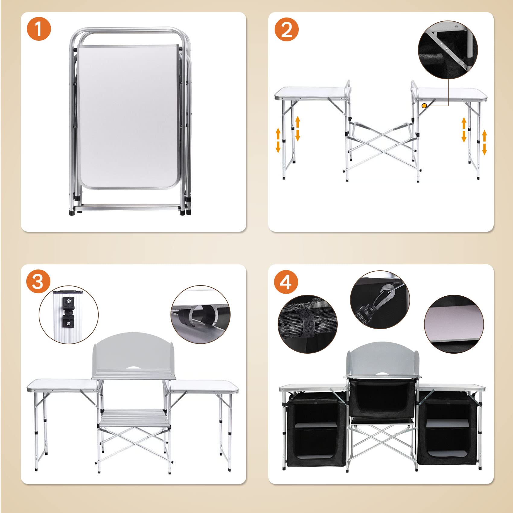 Slendor Portable Camp Kitchen Camp Kitchen Table Aluminum Outdoor Camping Cooking Station Folding Camp Table with Storage and Windscreen for Picnic