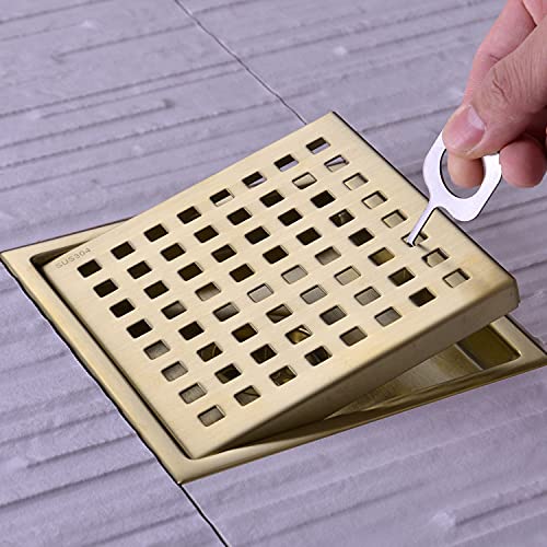 TRUSTMI 6 Inch Square Shower Floor Drain with Removable Grid Grate Cover, SUS 304 Stainless Steel,Brushed Gold