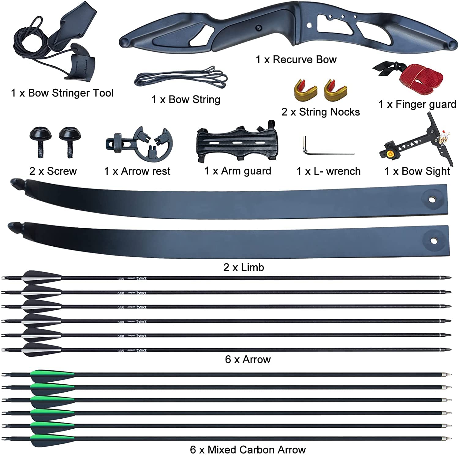Recurve Bows for Adults Beginners, Right Handed Longbow with 12PCS Carbon Arrows, 56" Archery 30-50lbs from Beginner to Intermediate Outdoor Activities Survival Targeting Backyard(Black, Camouflage)