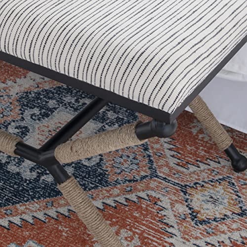 Linon Upholstered Seat Farrow Metal Campaign Bench, Black/White Striped