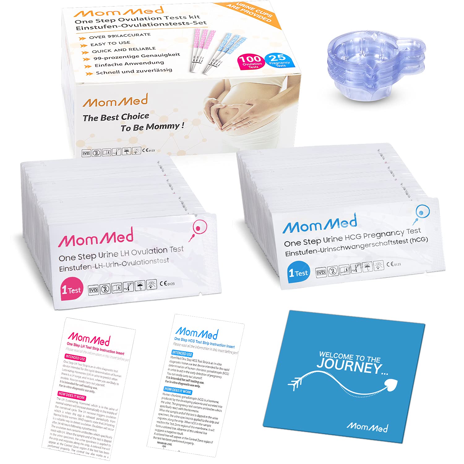 MomMed Ovulation Predictor Kit (HCG25-LH100), with 25 Pregnancy Test and 100 Ovulation Test Strips, Easy to Use Ovulation and Pregnancy Tests with 125 Urine Cups, Accuracy Fertility Test, OPK Test