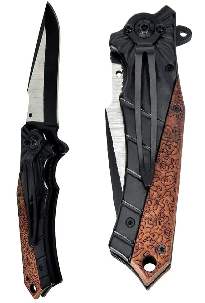 Spring Assisted Pocket Knife with Clip, Folding Pocket Knife - Decorative Metal and Wood Handle Grip