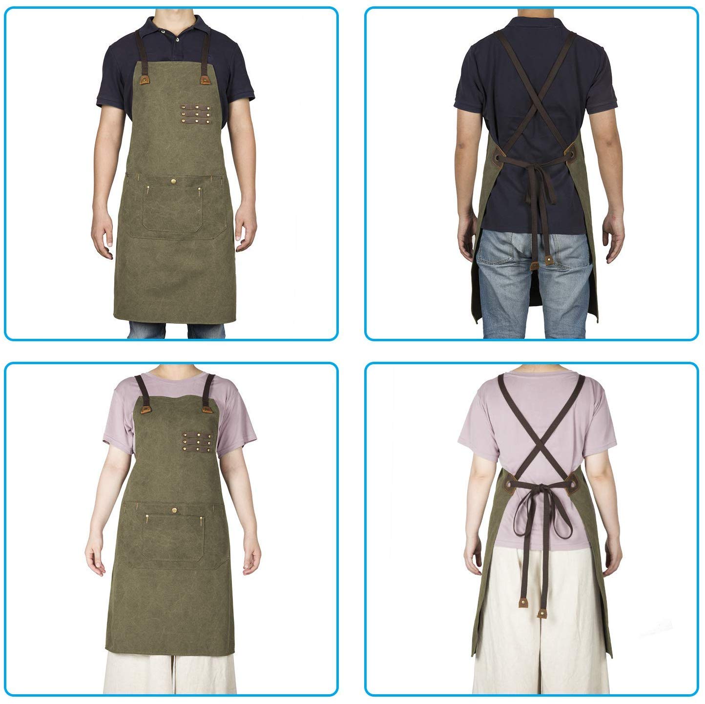 urhgart Waxed Canvas Work Aprons for Men & Women, Shop Apron, Heavy Duty Woodworking, Barista, Barber, Chef, Bartender, Metal Working, with Pockets (Green 1 Piece)