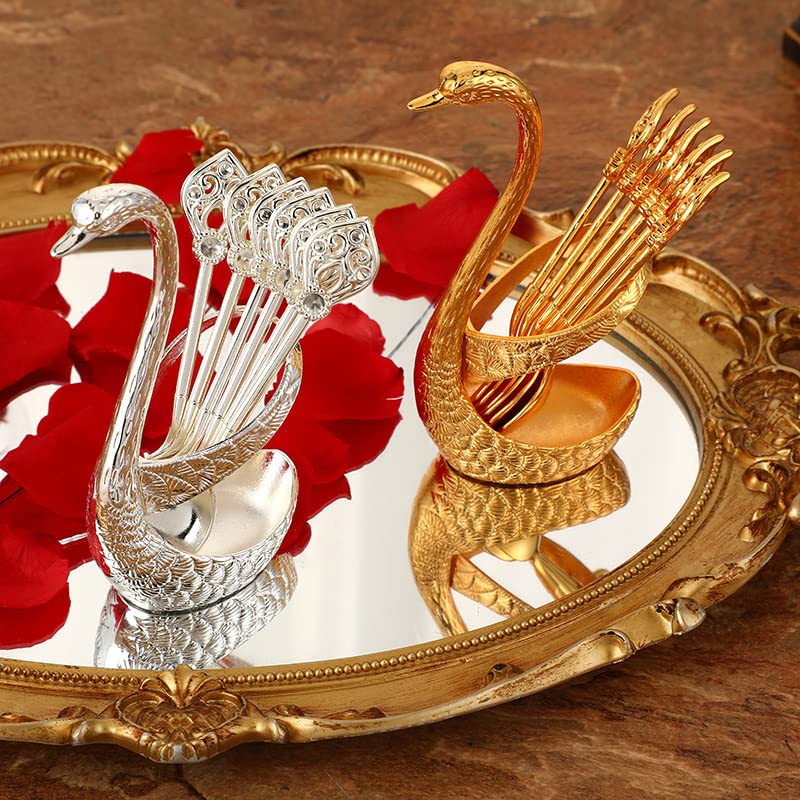 Stainless Steel Spoon Cutlery Kit with Zinc Alloy Swan Shape Retainer Storage Cutlery Rack Home Decor(Gold)