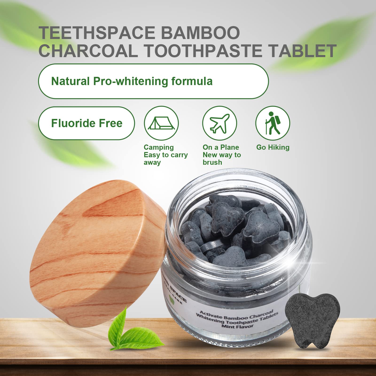 TeethSPACE Activated Bamboo Charcoal Toothpaste Tablets, 55 Mega Size Chewable Tabs, Natural and Eco-Friendly, Flouride Free, Teeth Cleaning and Whitening Solution, Travel Mouthwash Tablets