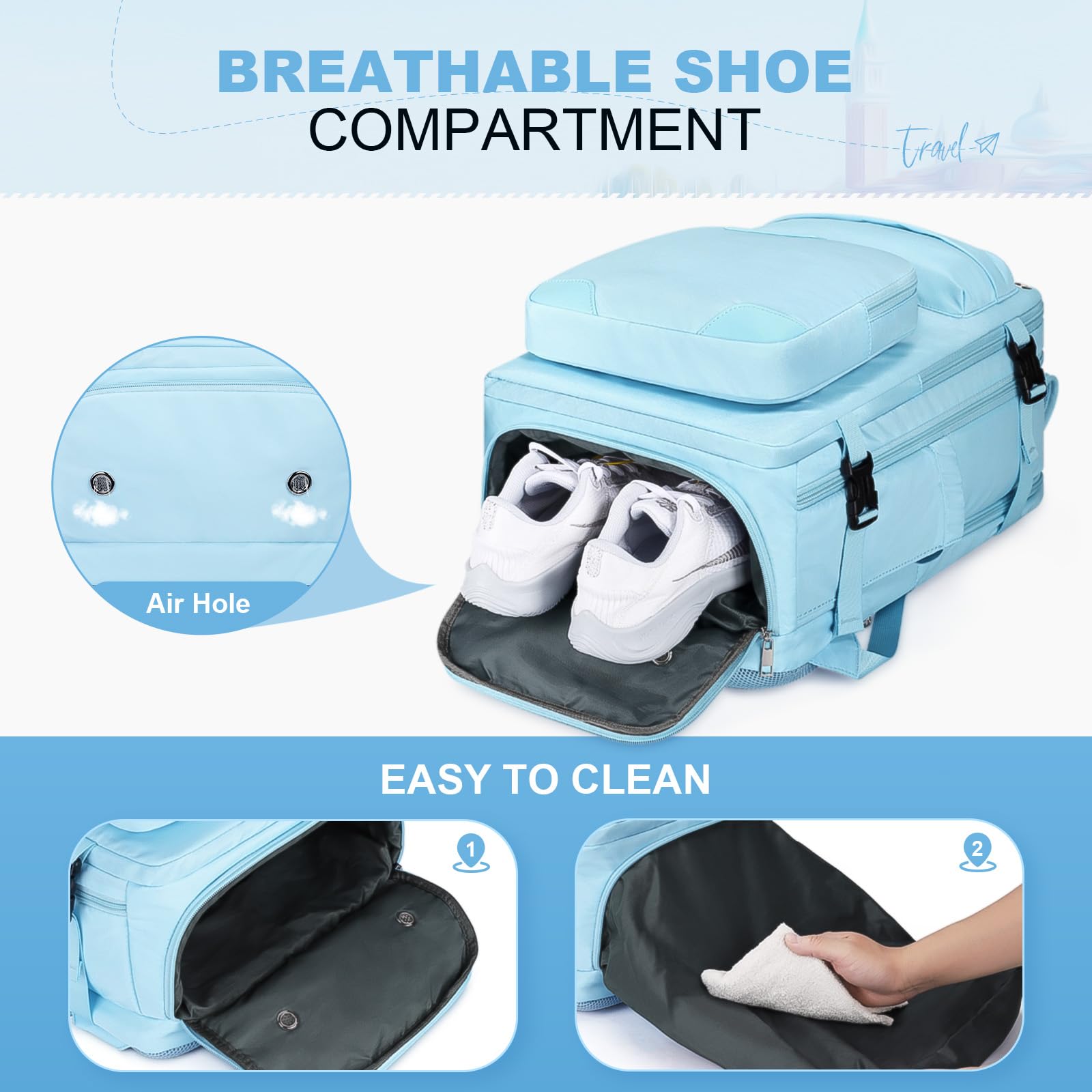 Maelstrom Travel Backpack for Women Men,35L Laptop Backpack Fits 17-Inch Laptop,Waterproof Carry On Backpack for Airplanes with Detachable Crossbody Bag&Shoe Compartment,Light Blue, Large
