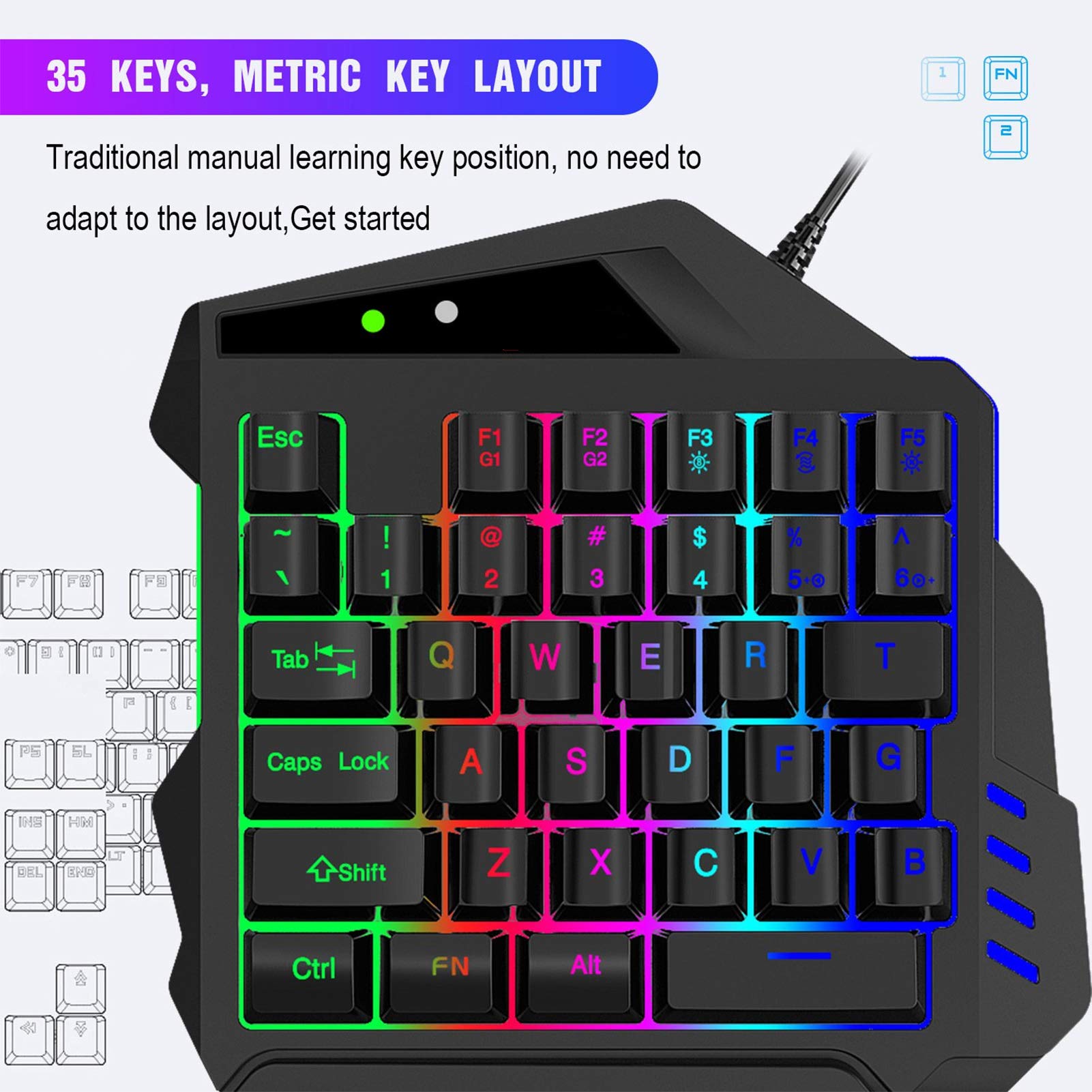 One Handed Mechanical Gaming Keyboard, OneHanded Small Gaming Ergonomic Keyboard BuiltIn Converter RGB Keyboard for Game