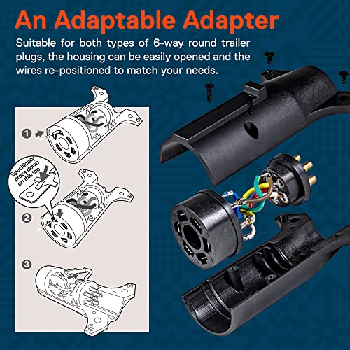TRUE MODS 7-Way Blade to 6-Way Round Trailer Adapter [Nickel-Plated Copper Terminals] [Rugged Nylon Housing] [Compact Design] 7-pin to 6-pin Trailer Wiring Plug Adapter