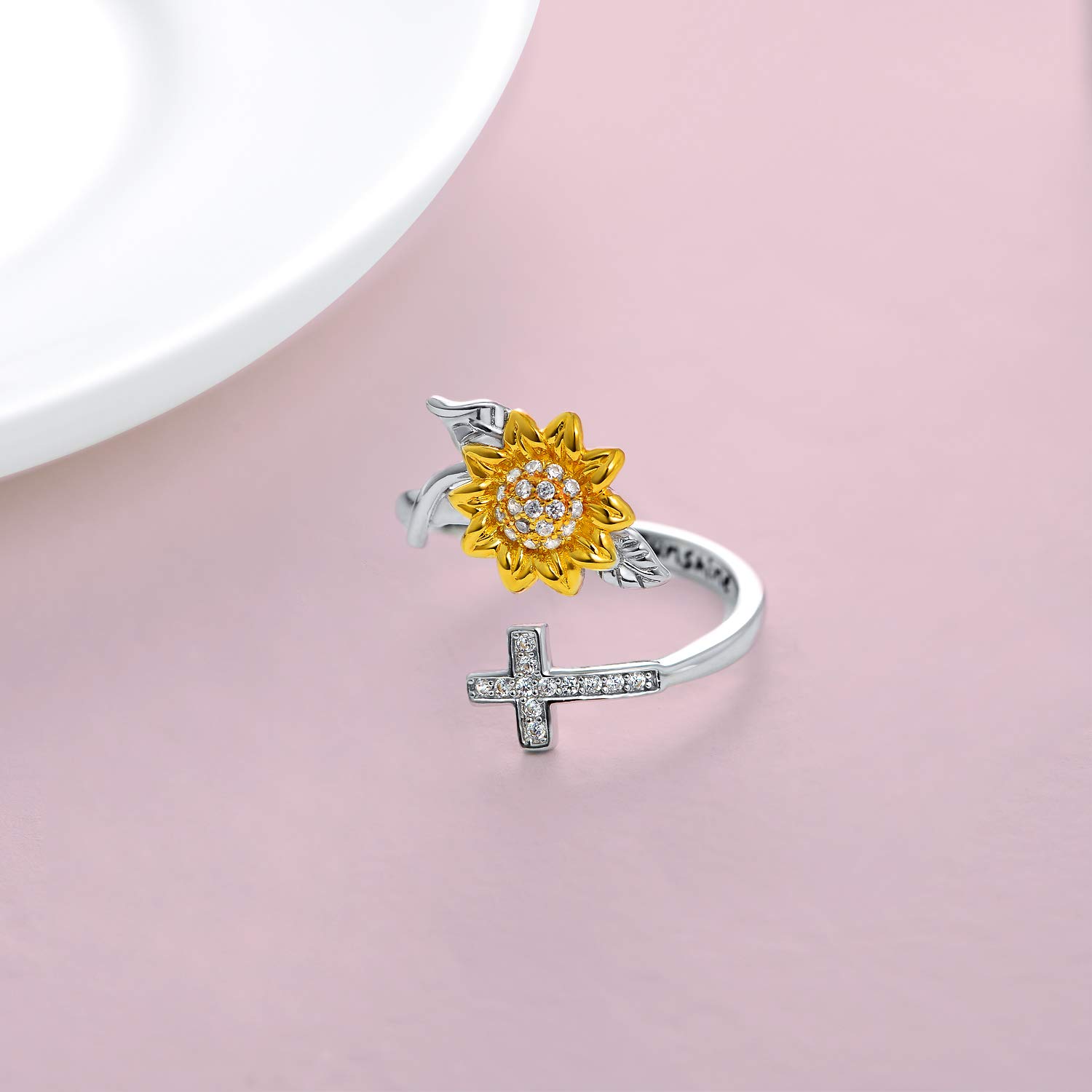 LONAGO Sunflower Cross Ring 925 Sterling Silver You Are My Sunshine Adjustable Size Ring Religious Crucifix Jewelry Gift for Women (8)