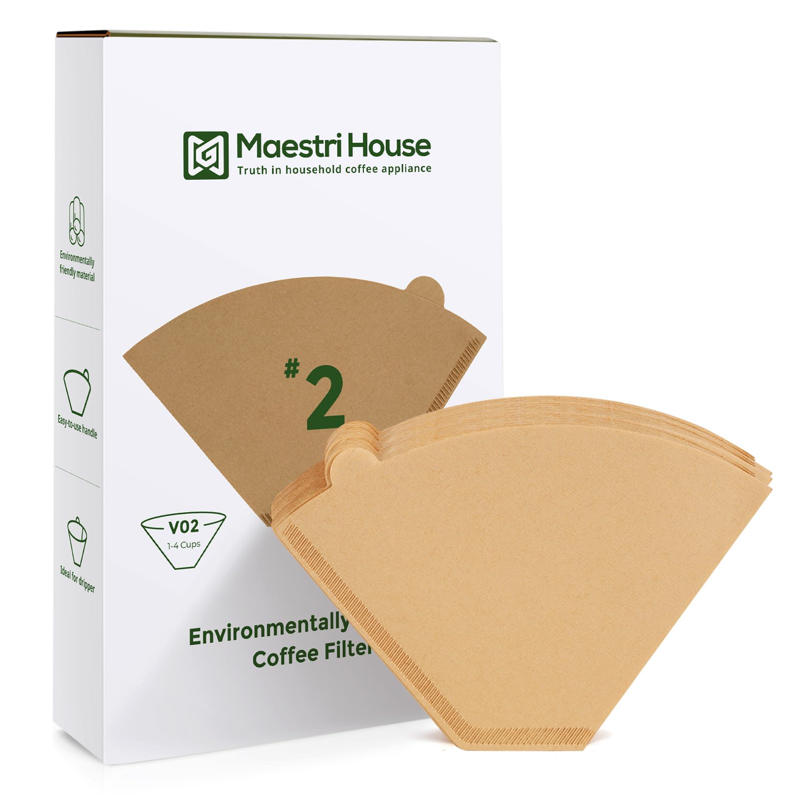 Maestri House Cone Coffee Filters 8-12 Cup, 100 Count Natural Unbleached Coffee Paper Filters #4, Tabbed Cone Coffee Filter for Coffee Maker & Brewer, Biodegradable, Environmentally Friendly, Brown