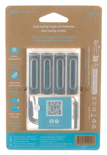 USB Rechargeable AA Batteries by Pale Blue, Lithium Ion 1.5v 1700 mAh, Charges Under 1 Hours, Over 1000 Cycles, 4-in-1 USB-A to USB-C Charging Cable, LED Charge Indicator, 4-Pack