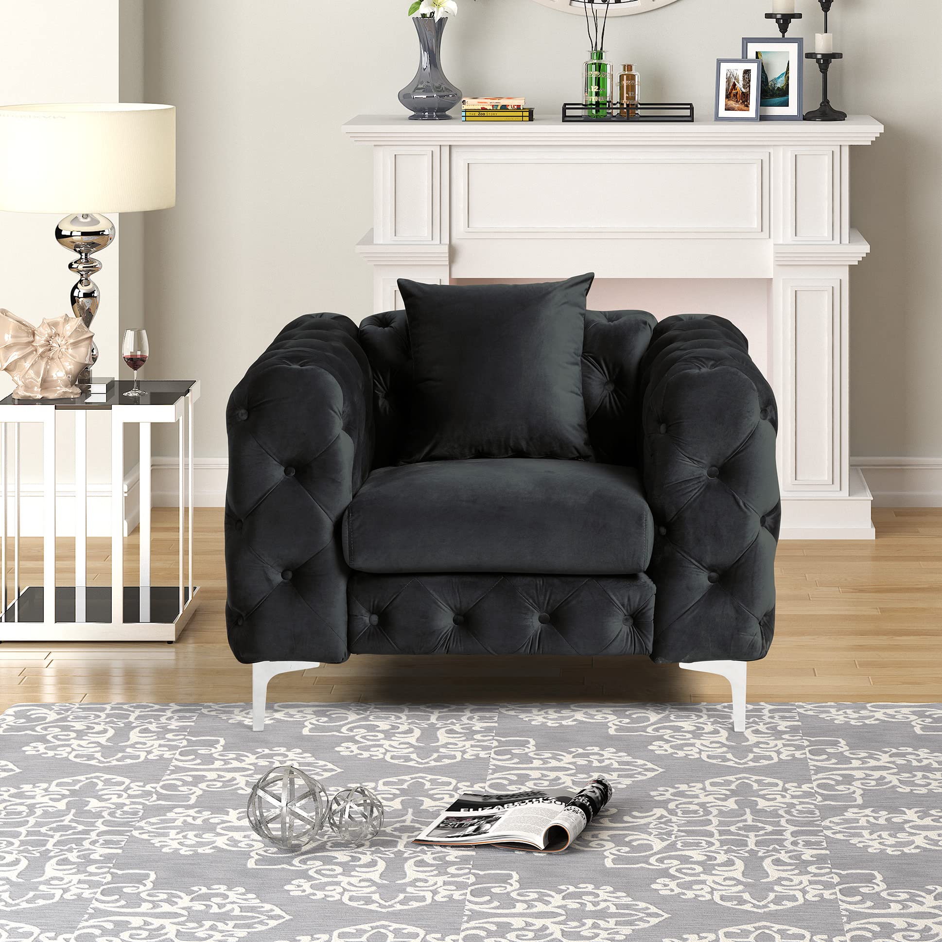 Morden Fort Modern Velvet Sofa Set Chair Loveseat 2 Pieces for Living Room Bedroom Office with Deep Button Tufting, Solid Wood Frame and Iron Legs-Silver Grey